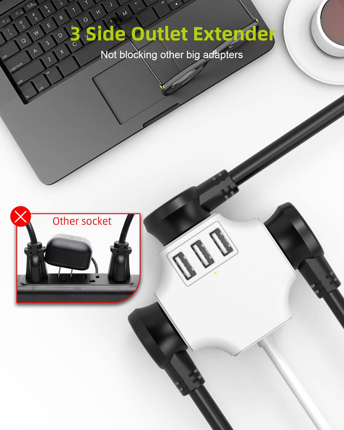 Travel Power Strip with USB Ports,3-Side Outlet Extender with 6 FT Extension Cord,Portable Power Strip for Travel, Office, Home, Hotels, Cruise Ship.White