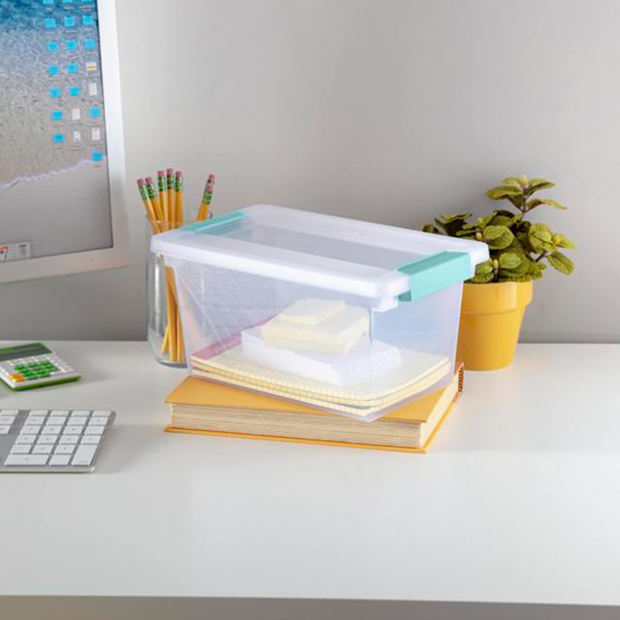 Sterilite Medium Clip Box, Stackable Small Storage Bin with Latching Lid, Plastic Container to Organize Office, Crafts, Clear Base and Lid, 12-Pack