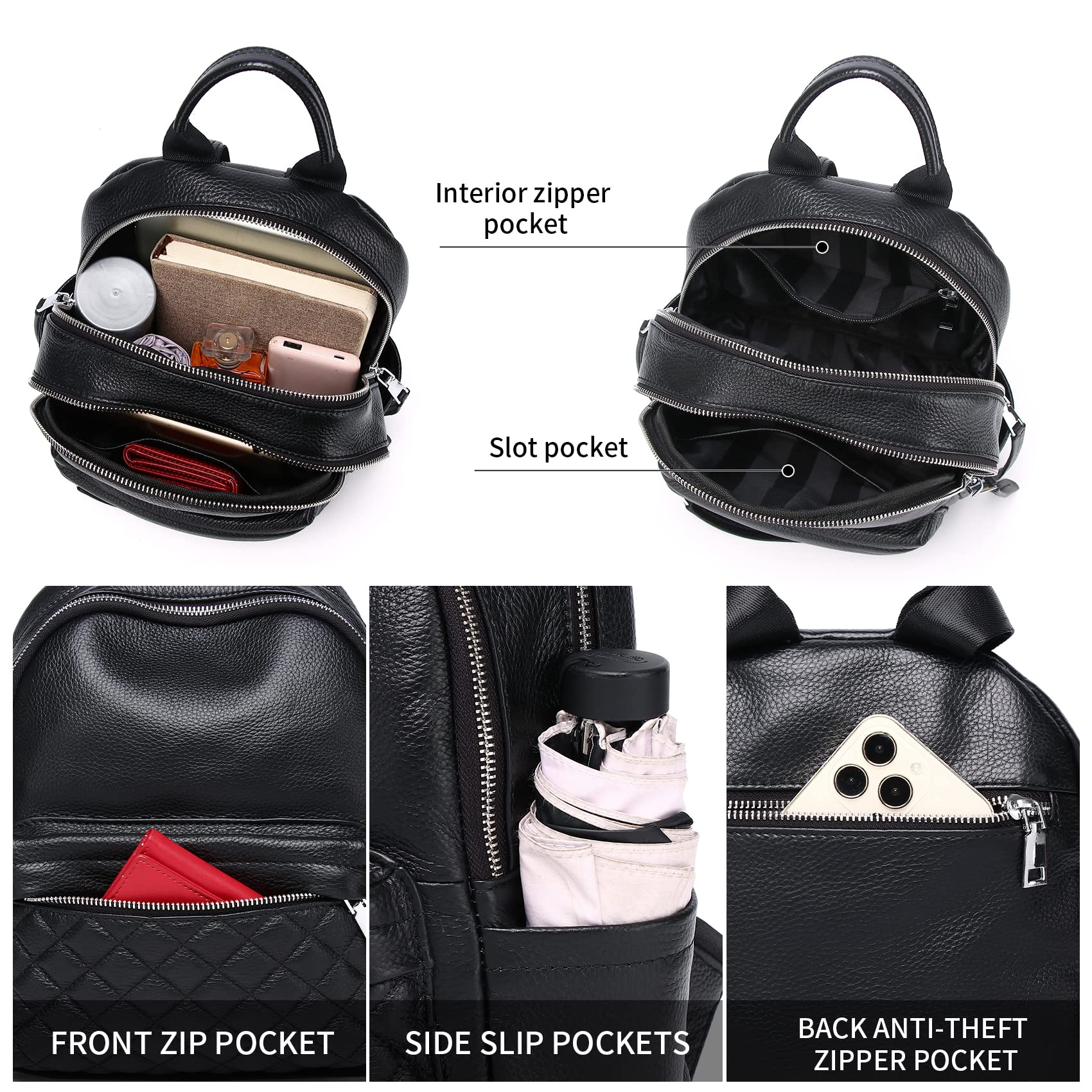 Wesccimo Genuine Leather Backpack Purse For Women Small Size Black Quilted Real Soft Leather Casual Daypack Backpack