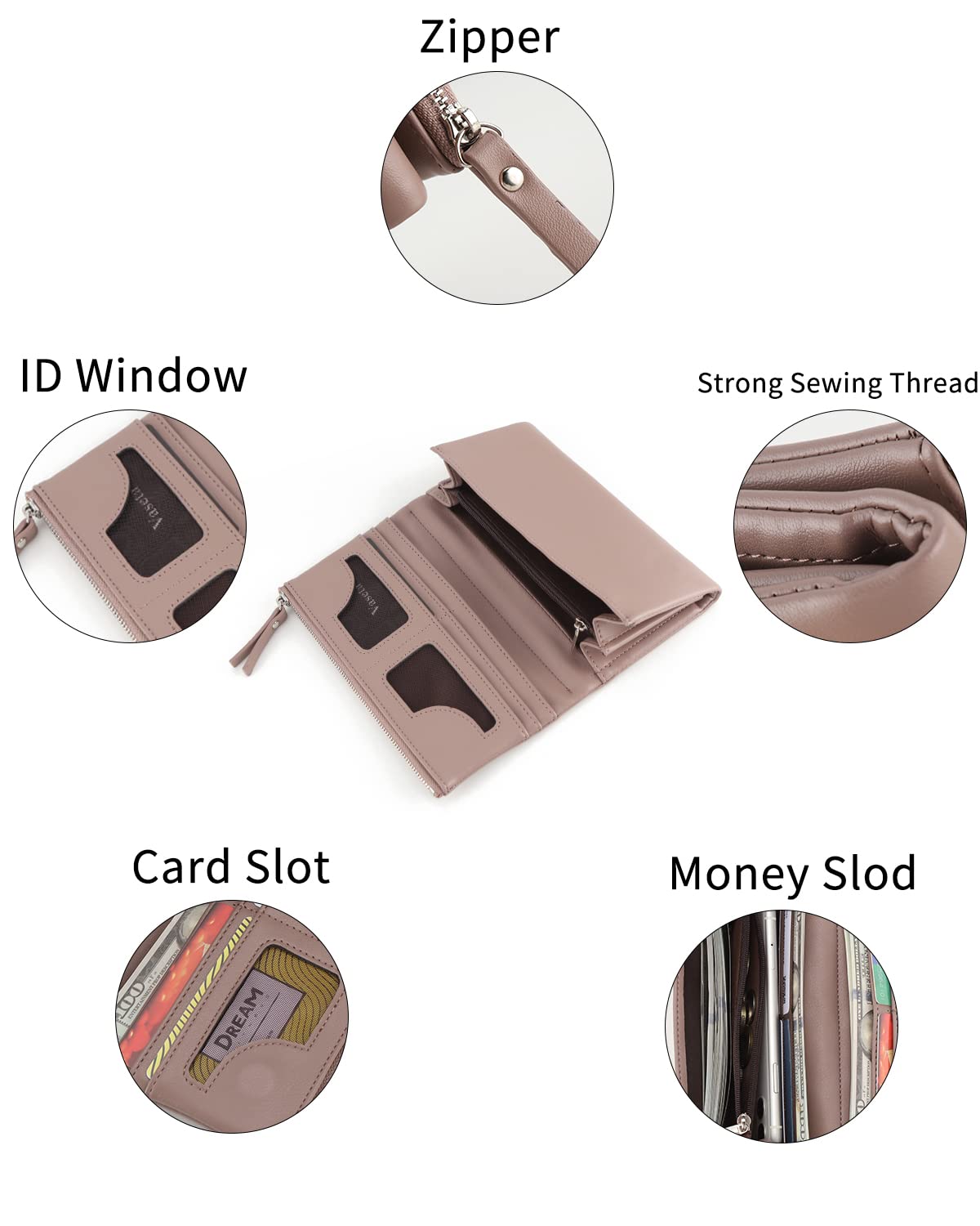 VASETA Wallets for Women Clutch Wallet RFID Blocking Leather Ladies Wallet Credit Cards Organizer with Zipper Pocket