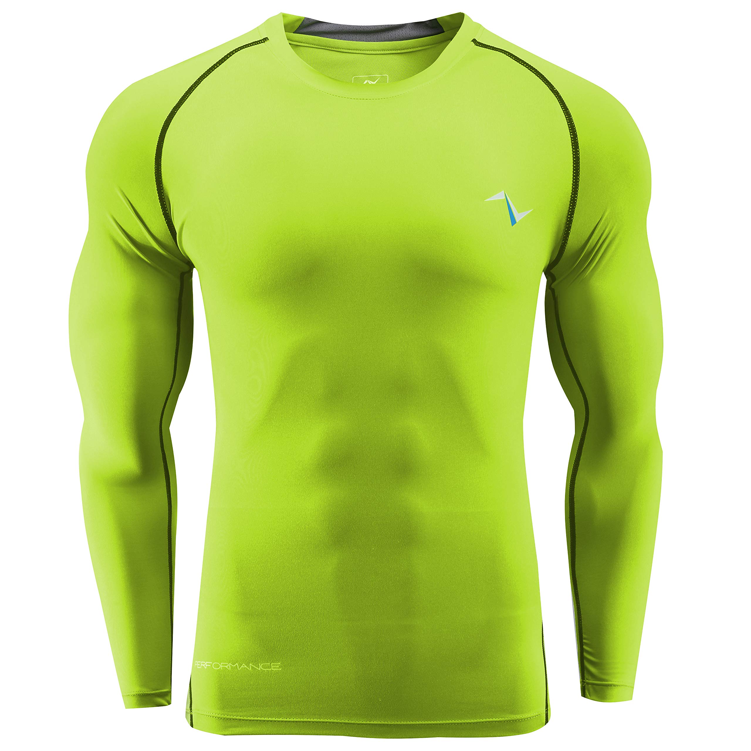 NOOZ Men's Cool Dry Compression Baselayer Long Sleeve T Shirts - Neon Green, Large