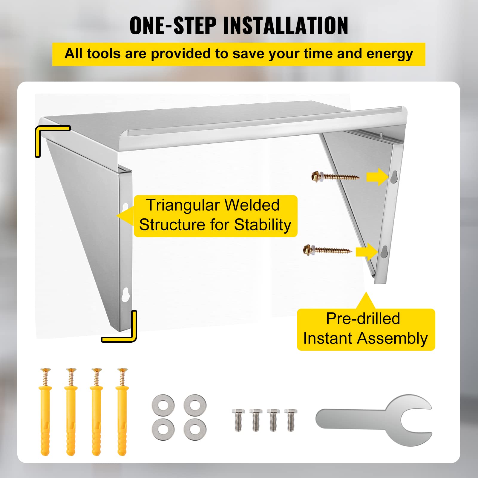 VEVOR Stainless Steel Wall Shelf, Commercial Wall Mount Shelving w/Backsplash and 2 Brackets for Restaurant, Home, Kitchen, Hotel, Laundry Room, Bar
