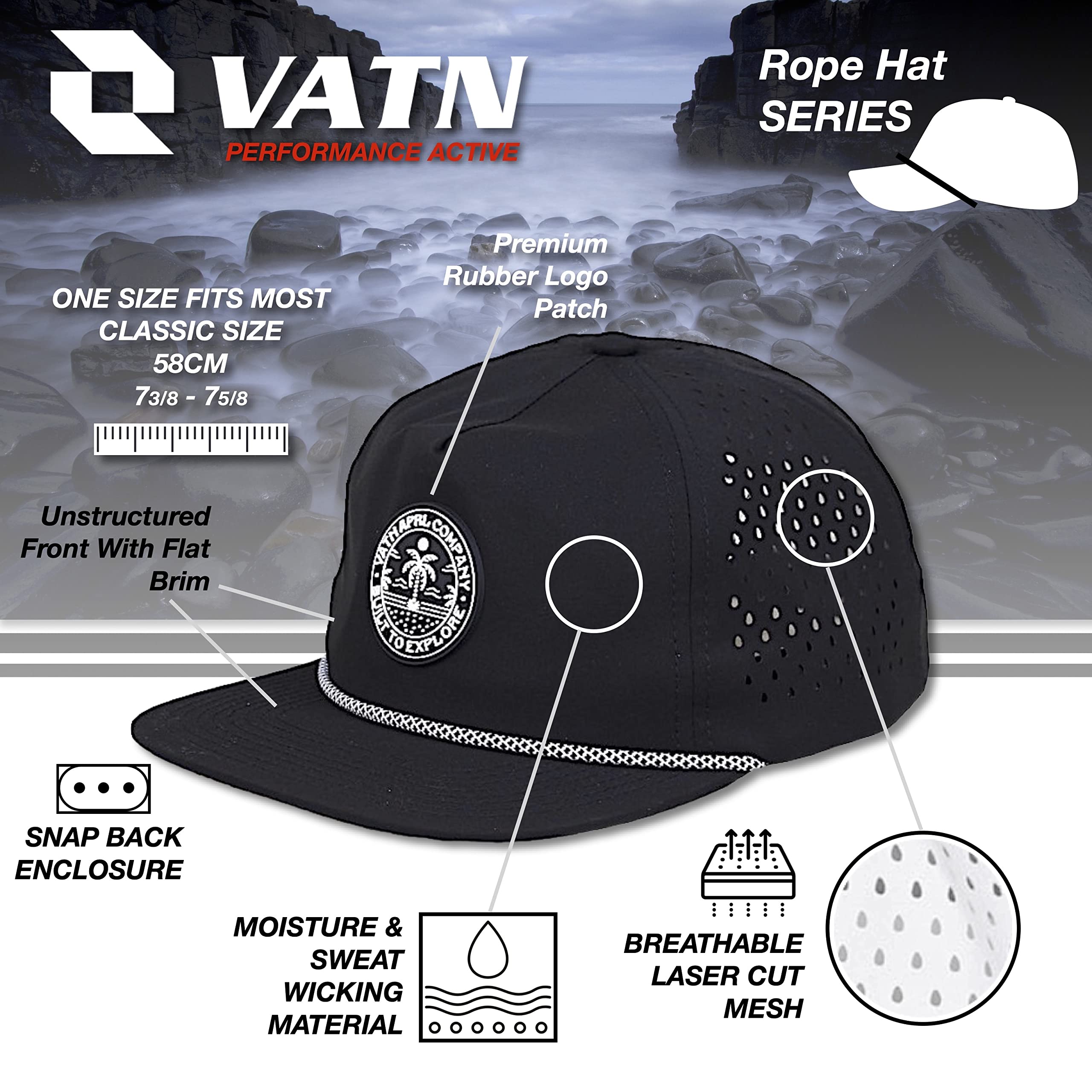VATN Rope Hat, Performance Unstructured, Flat Brim Snapback Hat, Water-Resistant Baseball Cap for Men & Women - Golf, Gym, Surf (Black - Mountain Patch)