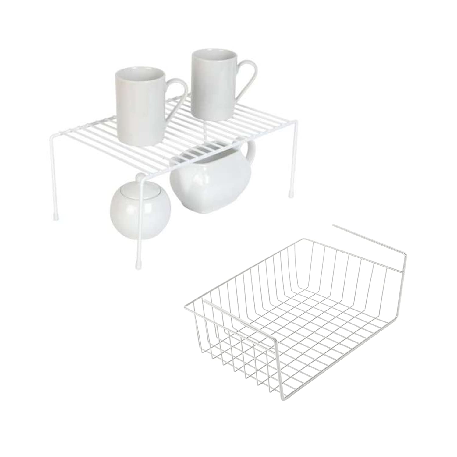 Smart Design Cabinet Storage Shelf Rack and Undershelf Storage Basket Bundle – Medium Shelf Rack (8.5 x 13.25 Inch) and Medium Storage Basket (16 x 5.5 Inch) – Steel Metal Wire – White