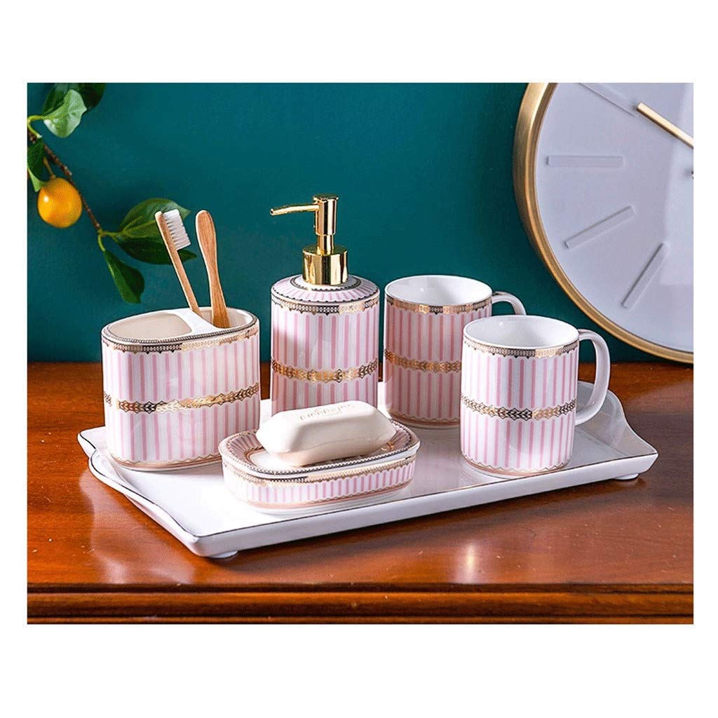 Shower Pump Soap Dispenser, 6 Piece Bathroom Sink Set,Toothbrush Holder, Tooth Glass X 2, Soap Dish, Soap Dispenser,Tray (Color : Blue Circles) (Pink Stripes)