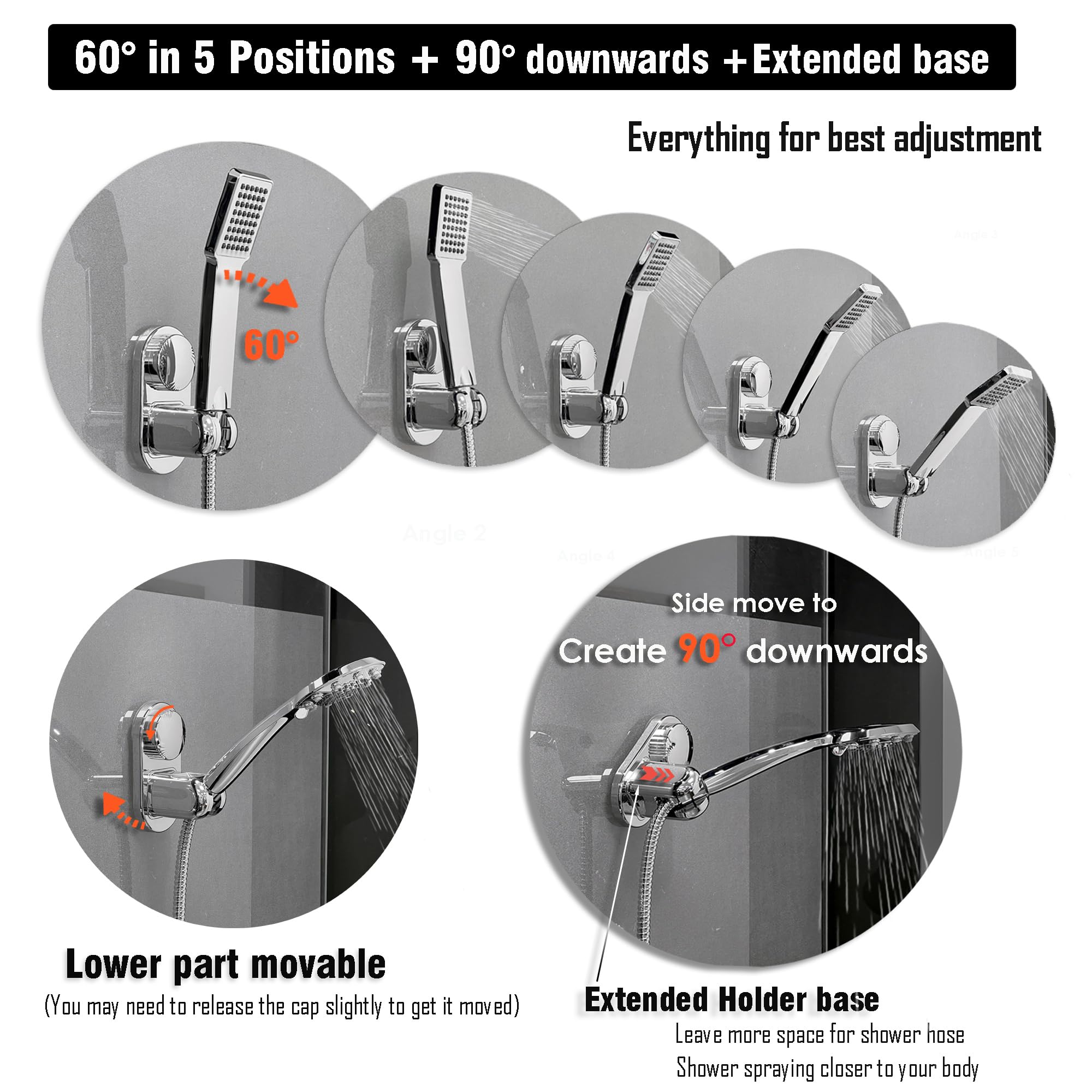 Wall Mount Handheld Shower Head Holder - 5 Positions Adjustable + 90° downwards - Large Shower Sprayer Fits - Suction Assisted Adhesive - Wide Slot - No Drill Installation - All Chrome Finish