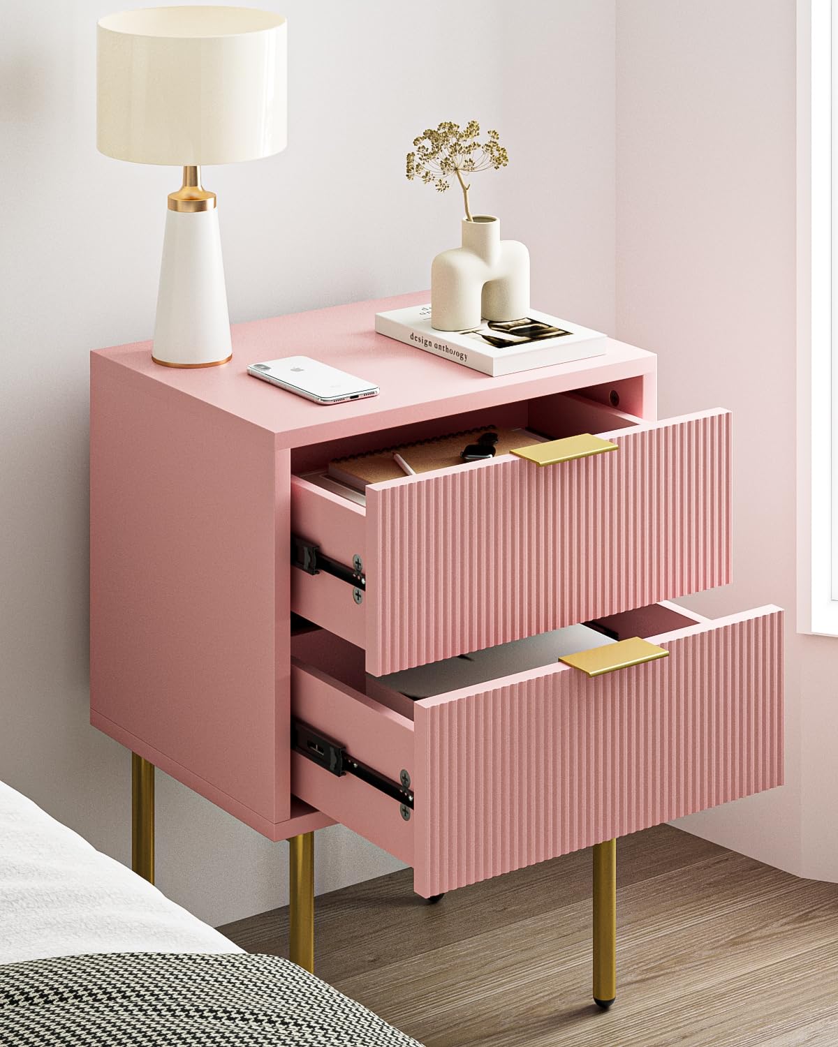 Masupu Night Stand,Mid-Century Modern Bedside Table with Storage Drawer and Open Wood Shelf,Small Gold Frame Side Table for Bedroom,Living Room, Pink