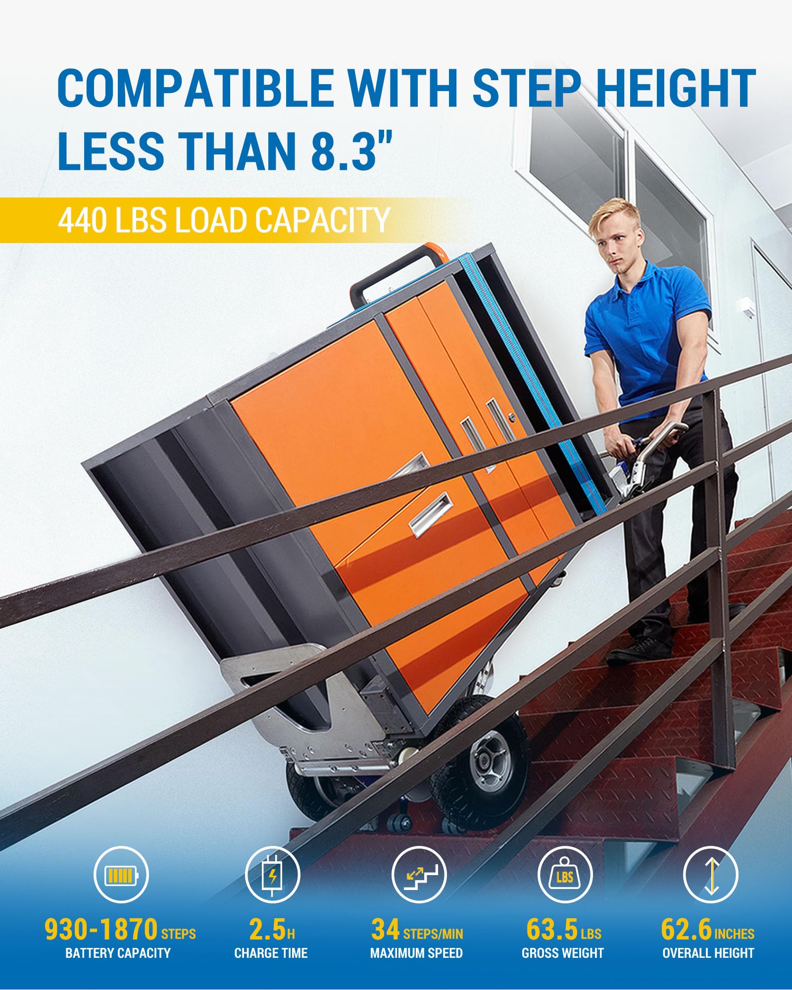 XSTO ZW7200GC Electric Stair Climber, 440lb Load Capacity Heavy Duty Stair Climbing Cart Aluminum Powered Stair Climbing Hand Truck with Foldable Handle Solid Wheel Brake System