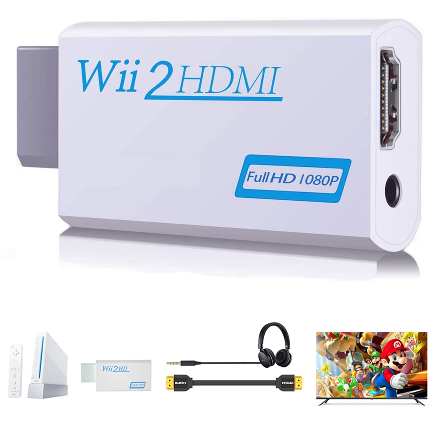 Xsusmdom Wii HDMI Adapter, Wii to HDMI Converter 1080p Connector Output Video 3.5mm Audio - Supports All Wii Display Modes (White)