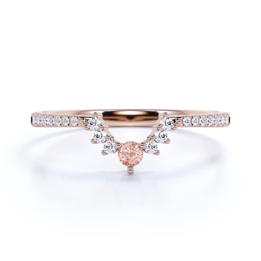 Rosie Collection 14K Rose Gold Plated Sterling Silver 925 Created Morganite & CZ Tiara Crown Dainty Curved Wedding Band Ring 5