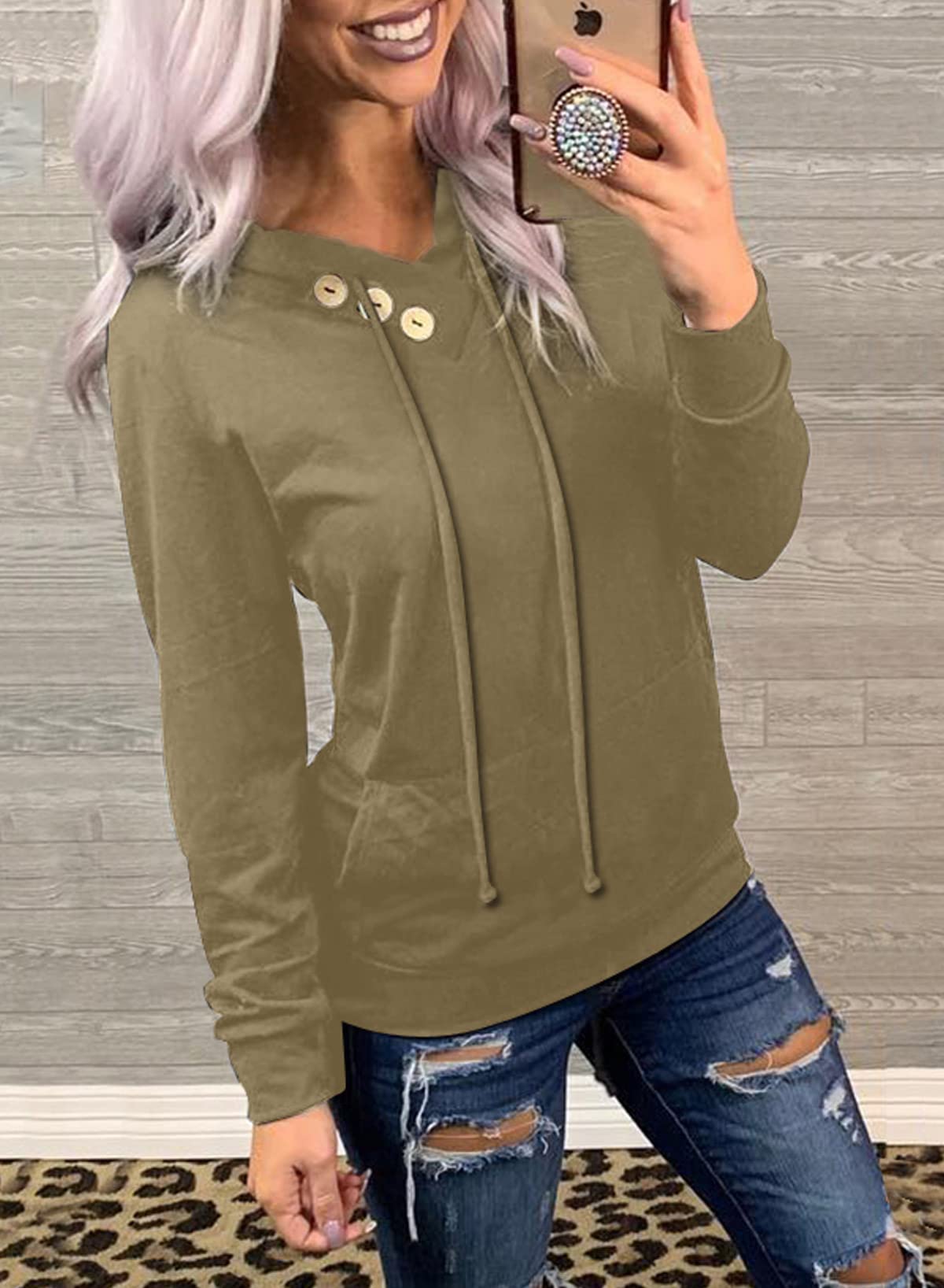 ROSKIKI Womens Solid Hoodies Long Sleeve Drawstring Button Decoration Kangaroo Pocket Sweatshirts Loose Pullover Tops Brown Small