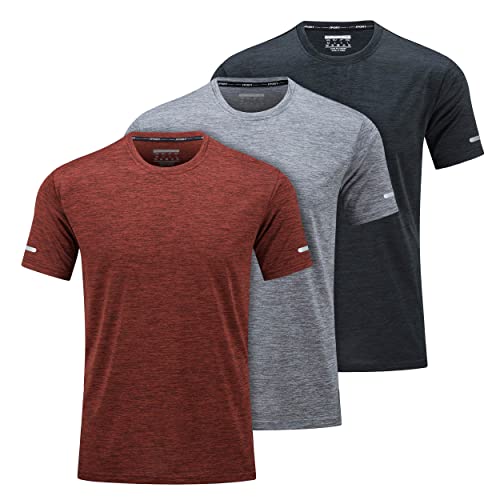 TACVASEN Men's 3 Pack Running Shirts Short Sleeve Quick Dry Workout Hiking T-Shirts Black/Lightgrey/DarkOrange S