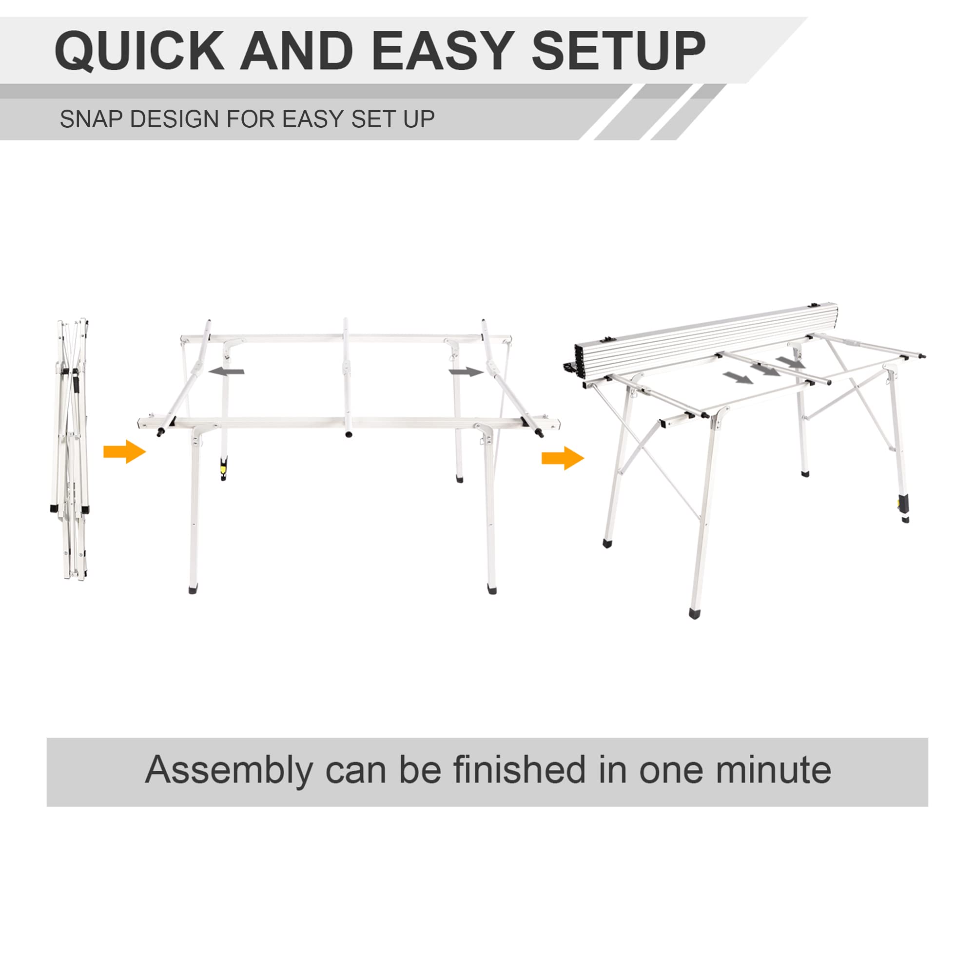 PORTAL Portable Camping Table Aluminum Folding Camp Table Roll Up Table with 1 Adjustable Leg, Mesh Layer and Carry Bag for Outdoor, Picnic, Grill, Kitchen, Silver, Large Space (47.2 x 27.6 inch)