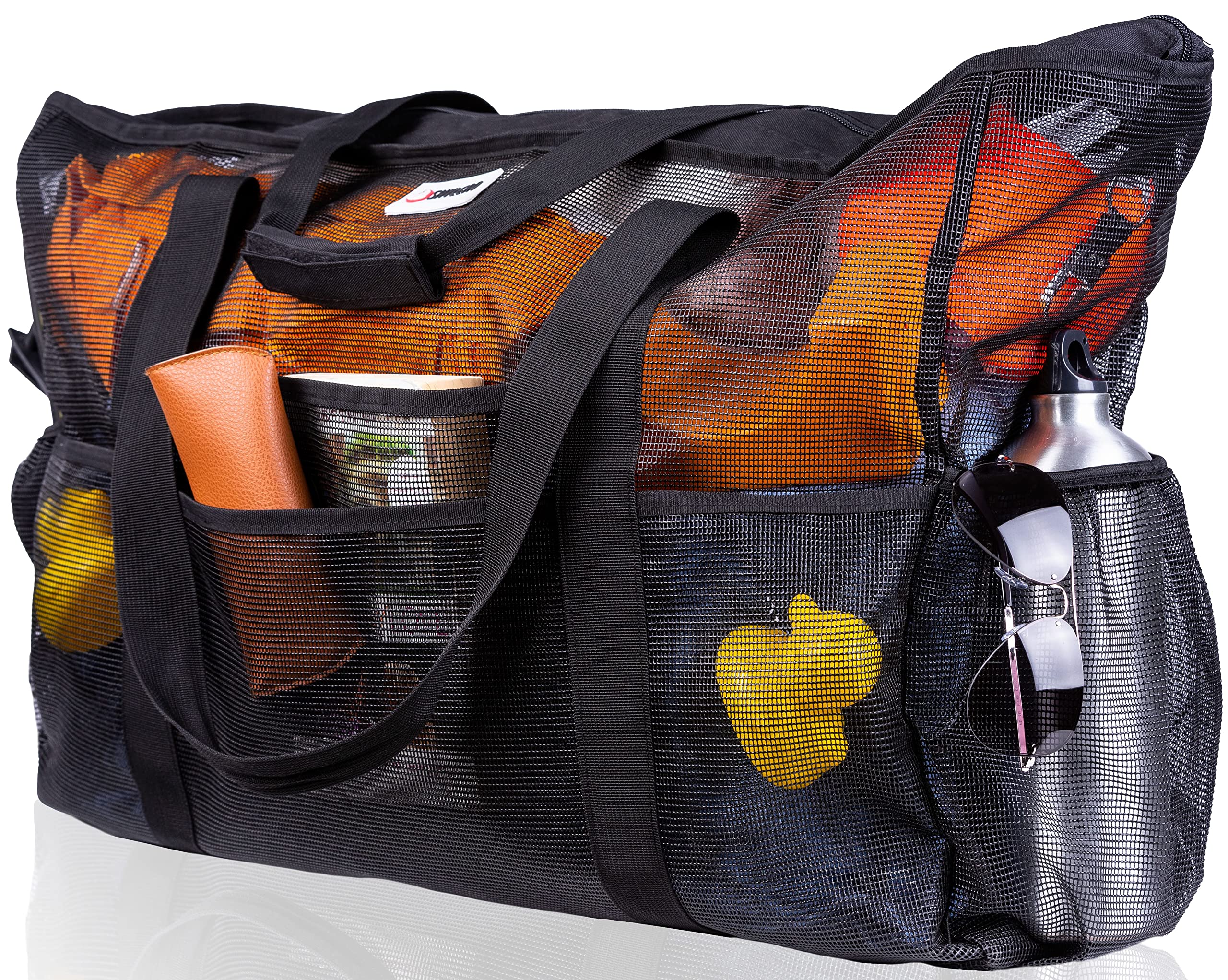 Mesh Beach Bag XXL (HUGE) - L24”xH18”xW8” (55L) - 100% Waterproof Phone Case - Padded Handles - Top Zip - Expandable Side Pockets - Black Shoulder Beach Tote has Built-in Key Holder - Bottle Opener