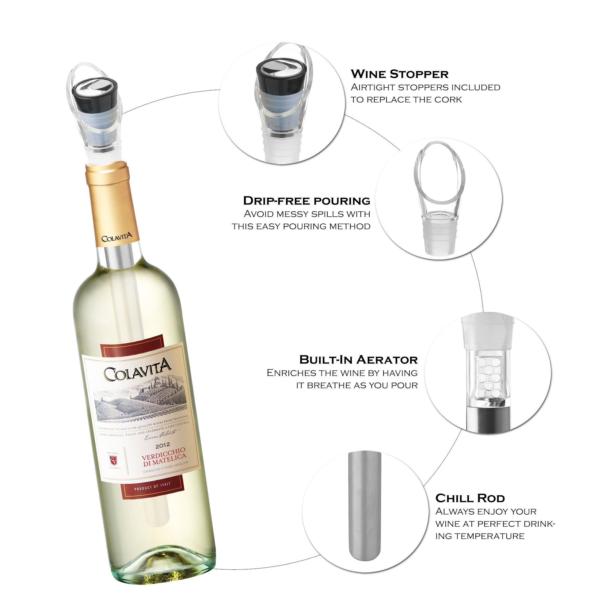 Wine Chiller Stick, Aerator Pourer and Stopper - 4 in 1-2 Pack - Stainless Steel - Cools Wine for Hours - Aerates Red Wine While Pouring - Stops Drips - by DeVine