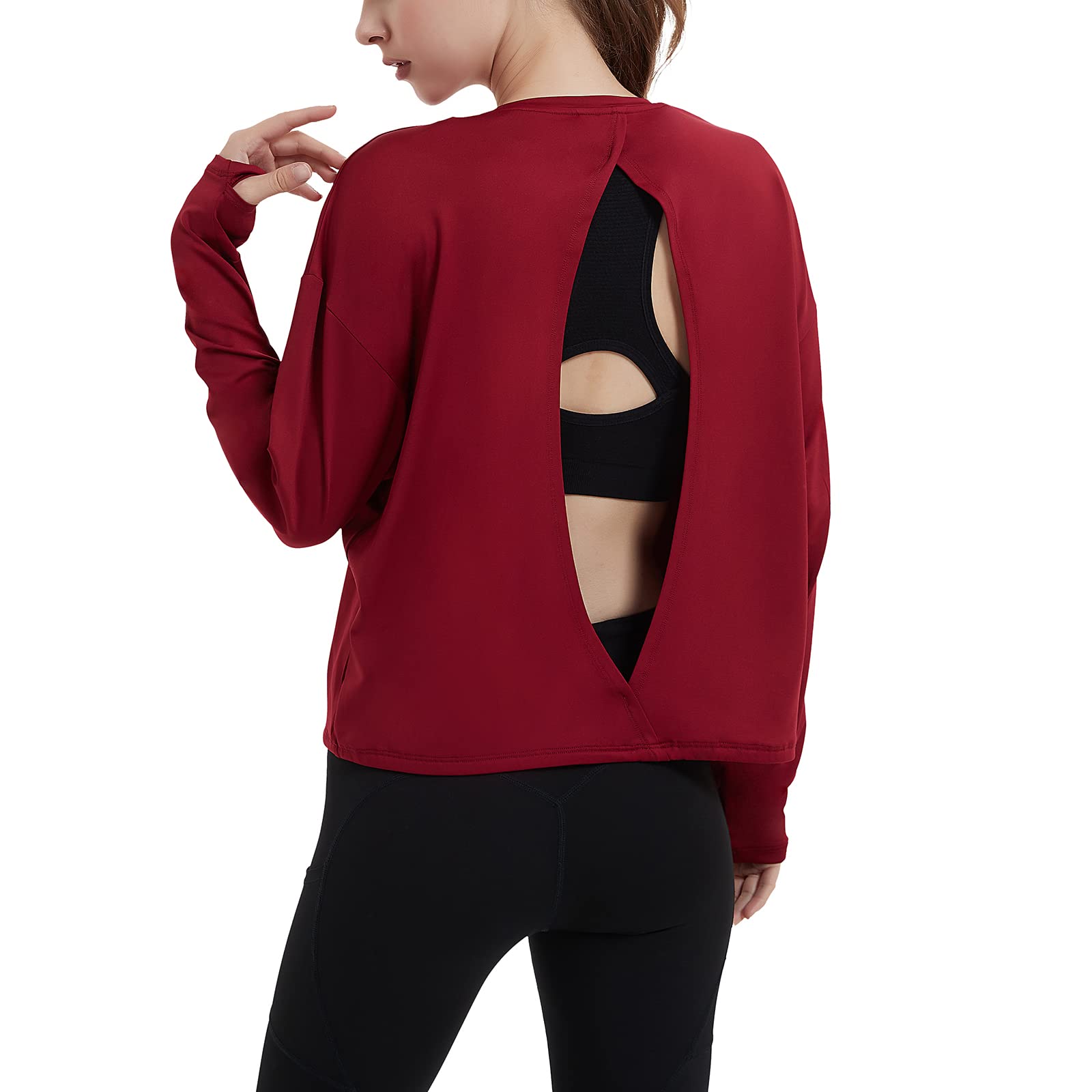 Women Long Sleeve Open Back Workout Yoga Shirts with Thumb Hole- Crew Neck Backless Athletic Loose Fit Gym Top Shirt Black