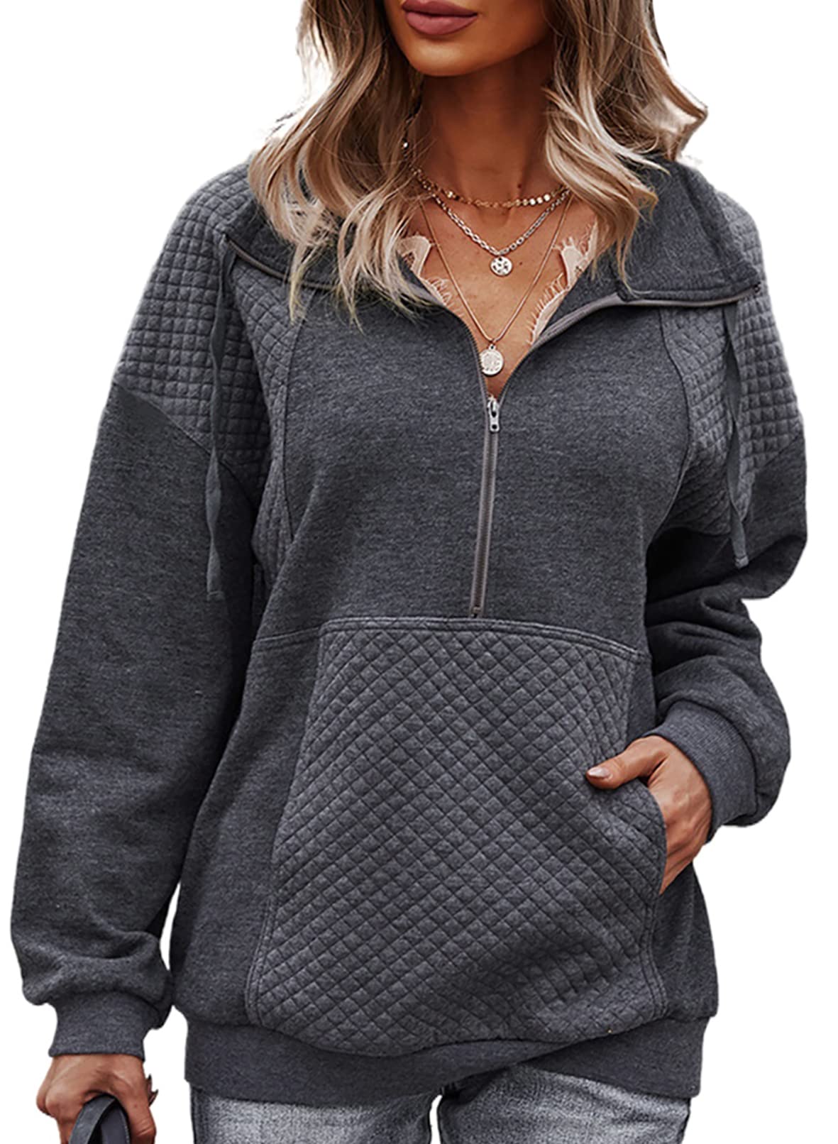 SHEWIN Womens Sweatshirt Casual Long Sleeve Lapel Quilted Half Zip Pullover Lightweight Sweatshirts for Women,US 12-14(L),Grey