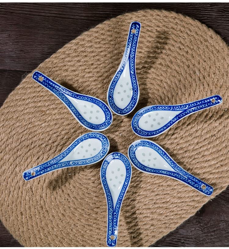 SLixuhay 6pcs Chinese Soup Spoons, Ceramic Asian Soup Spoons for Ramen Pho Wonton Dumpling Noodles (Blue and White)