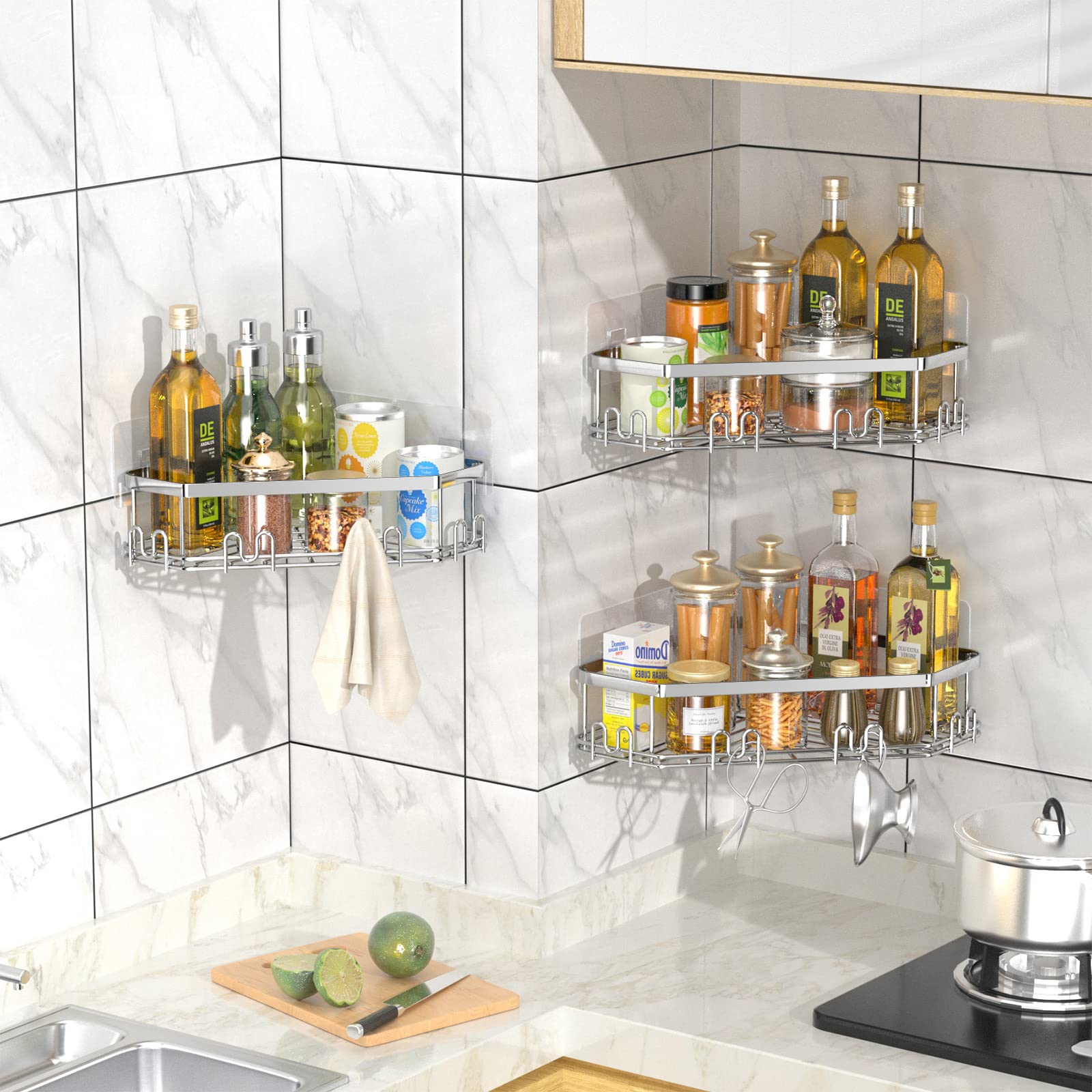 STEUGO Corner Shower Caddy, Shower Organizer Corner Shower Shelf with 12 Hooks,3-Pack Adhesive Stainless Steel Shower Shelves for Bathroom Storage,No Drilling Wall Mounted Shower Rack (Silver)