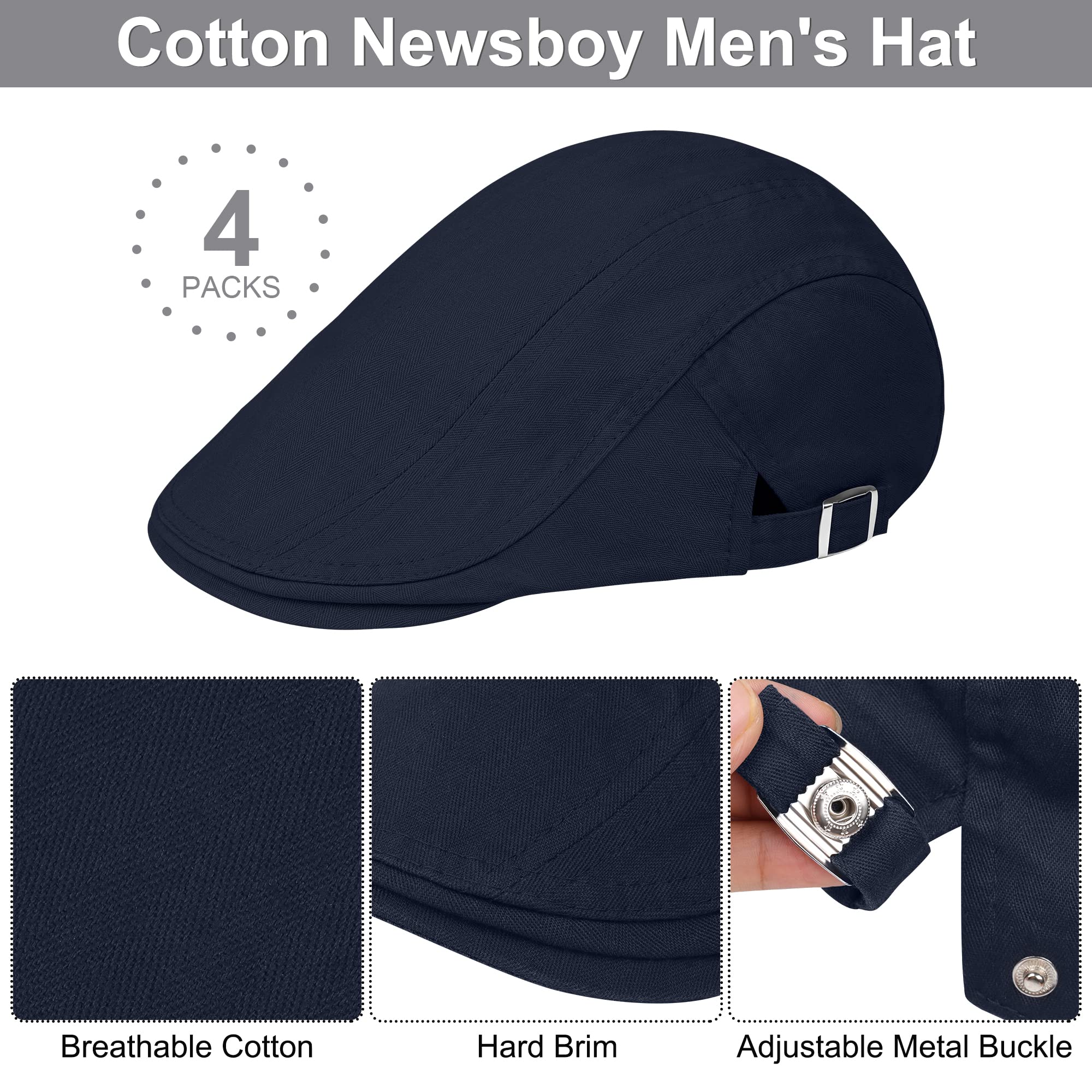 URATOT 4 Pieces Newsboy Men's Hat Flat Cap Cotton Newsboy Cap Adjustable Cabbie Driving Cap Hunting Hat for Men