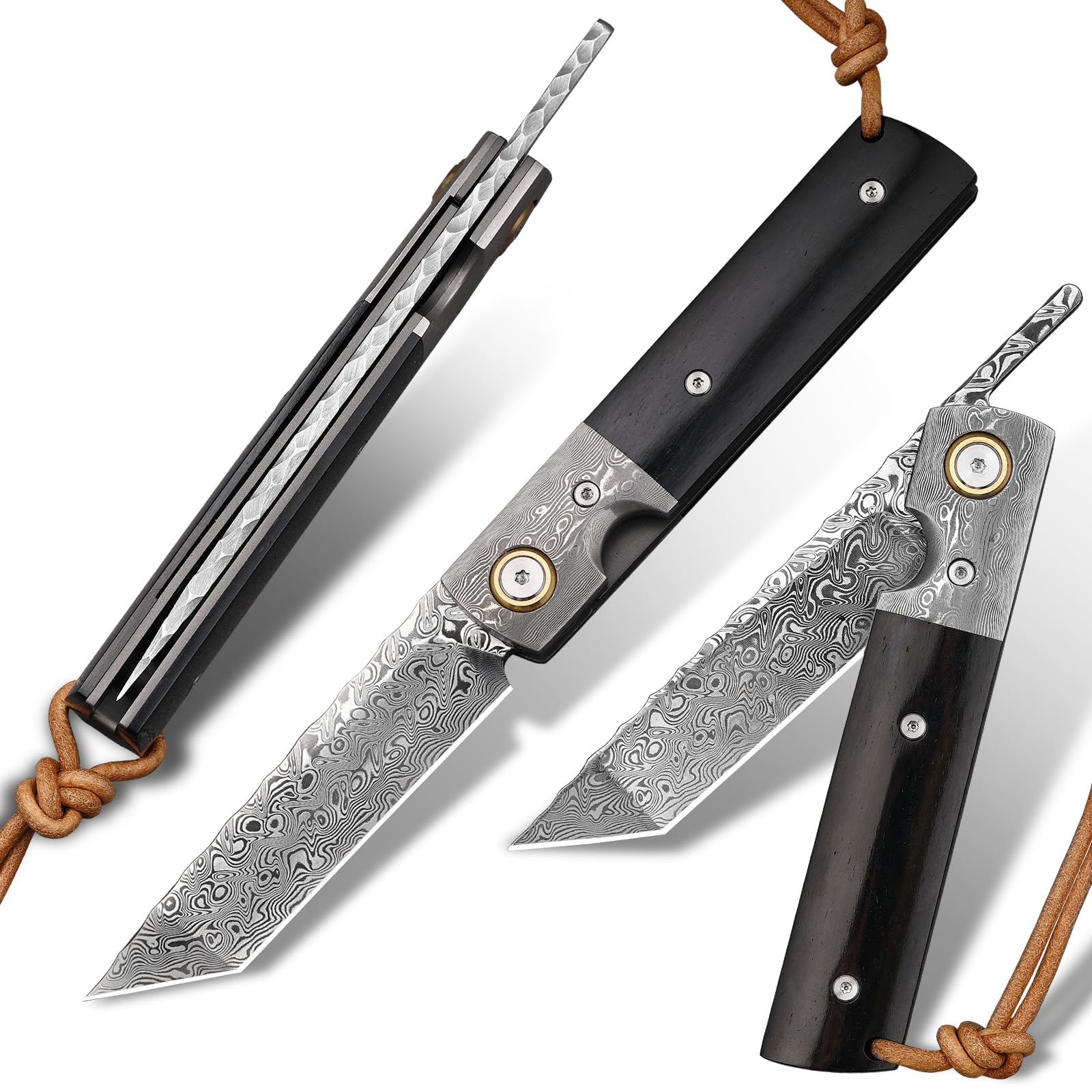 MINOWE Japanese Damascus steel steel pocket knife，Handmade 3-inch high hardness sharp blade，With Leather Sheath ，Ceramic steel ball bearings+Frame Lock ，Cowbone handle，for home and outdoor Folding Pocket Knife