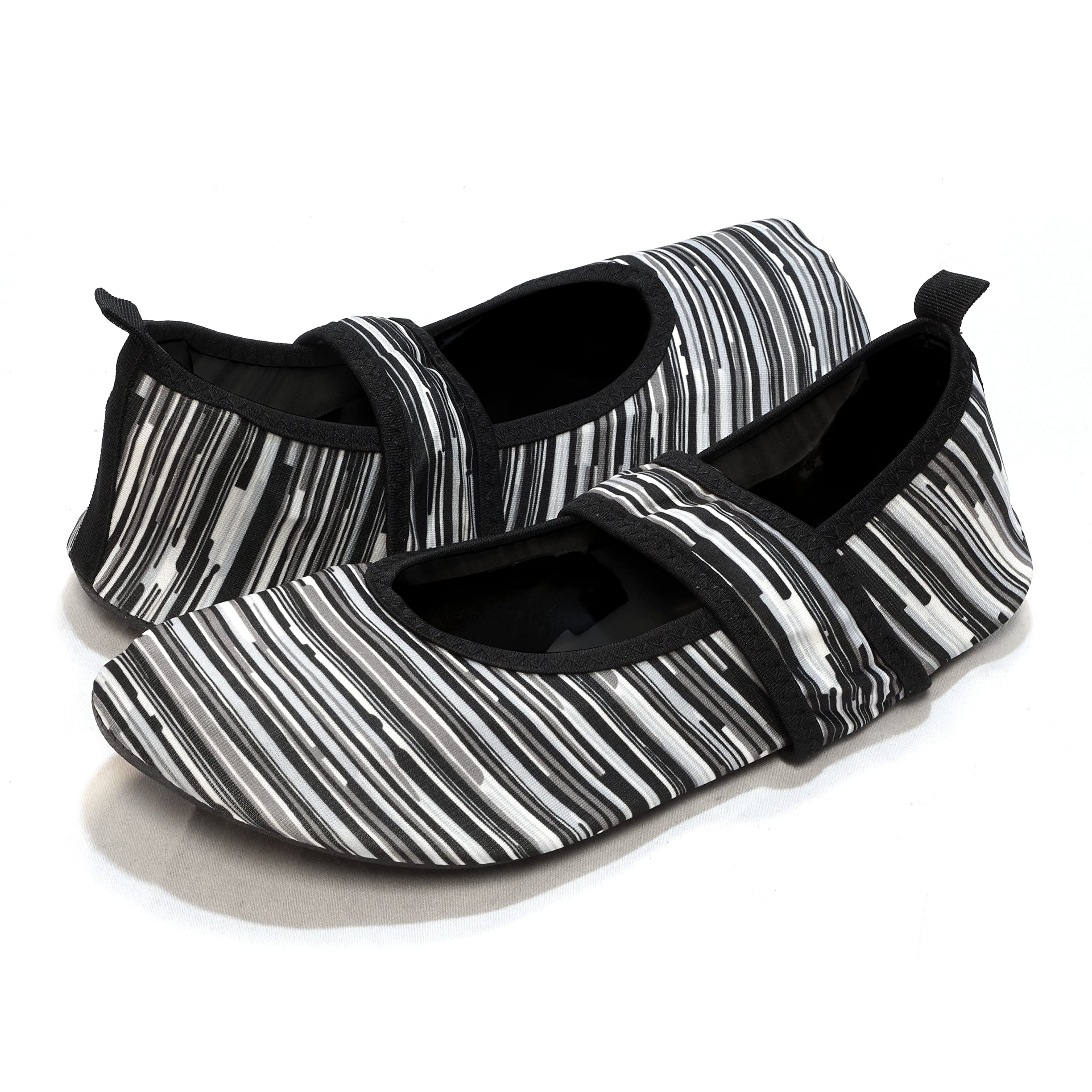 Nufoot Futsole Women's Soft-Sided Shoes for Indoors/Outdoors, Foldable & Flexible Footwear for Sport, Exercise, Yoga or Travel, Dance Shoes, Black/White Sporty Stripes, X-Large