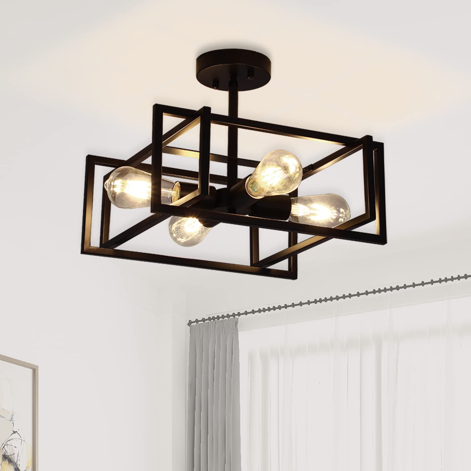 Minyuco Black Ceiling Light Fixtures - 4-Light Industrial Farmhouse Flush Mount Ceiling Lighting,Vintage Metal Chandelier Ceiling Lamp for Kitchen Living Room Bedroom Hallway Laundry Entryway