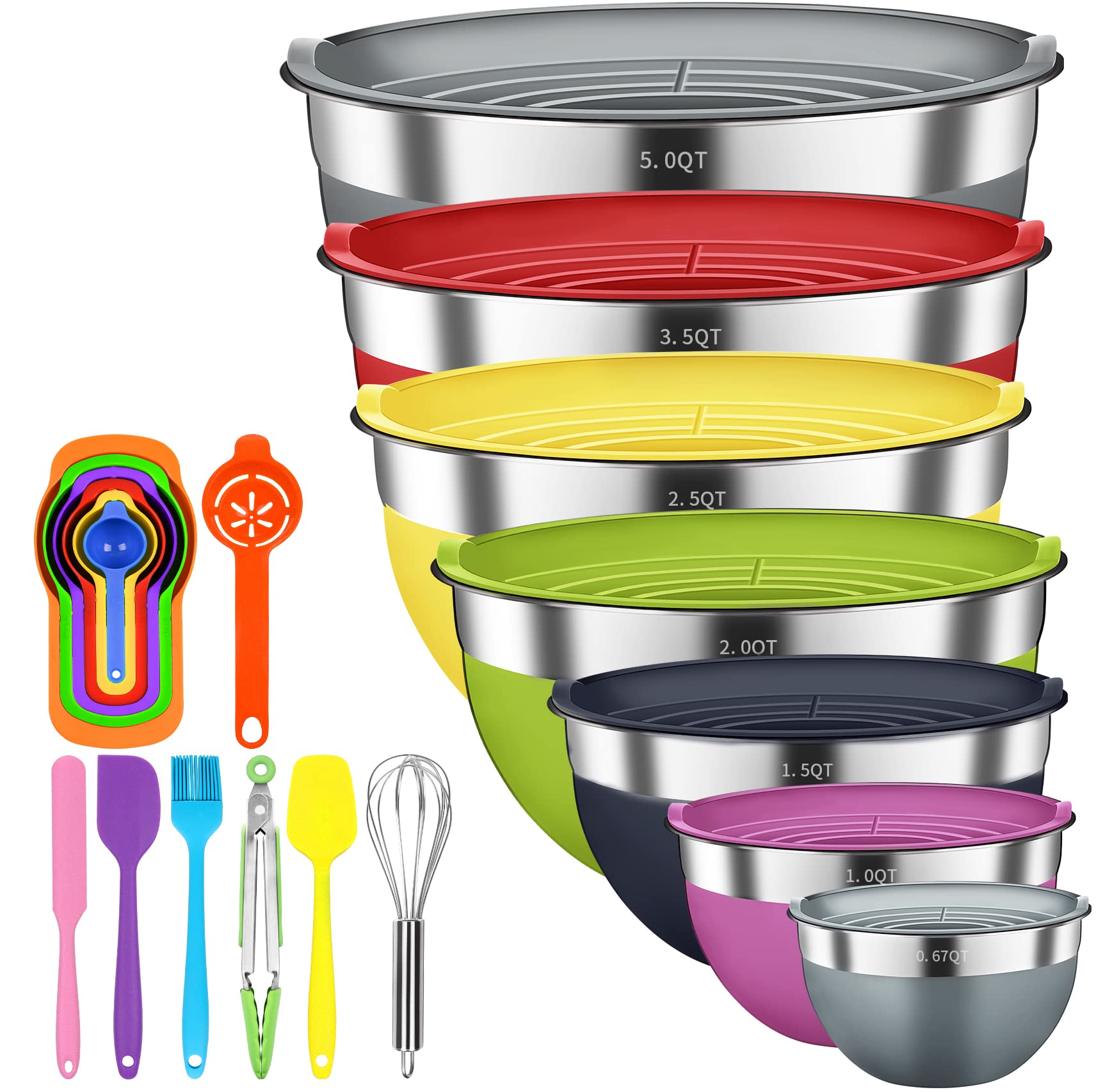 Zacfton 20 Pieces Mixing Bowls Set with Lids, Metal Nesting Storage Salad Bowls, Stainless Steel Bowls - Size 5, 3.5, 2.5, 2, 1.5, 1, 0.67QT - Great for Mixing, Preparing & Serving(Colorful)