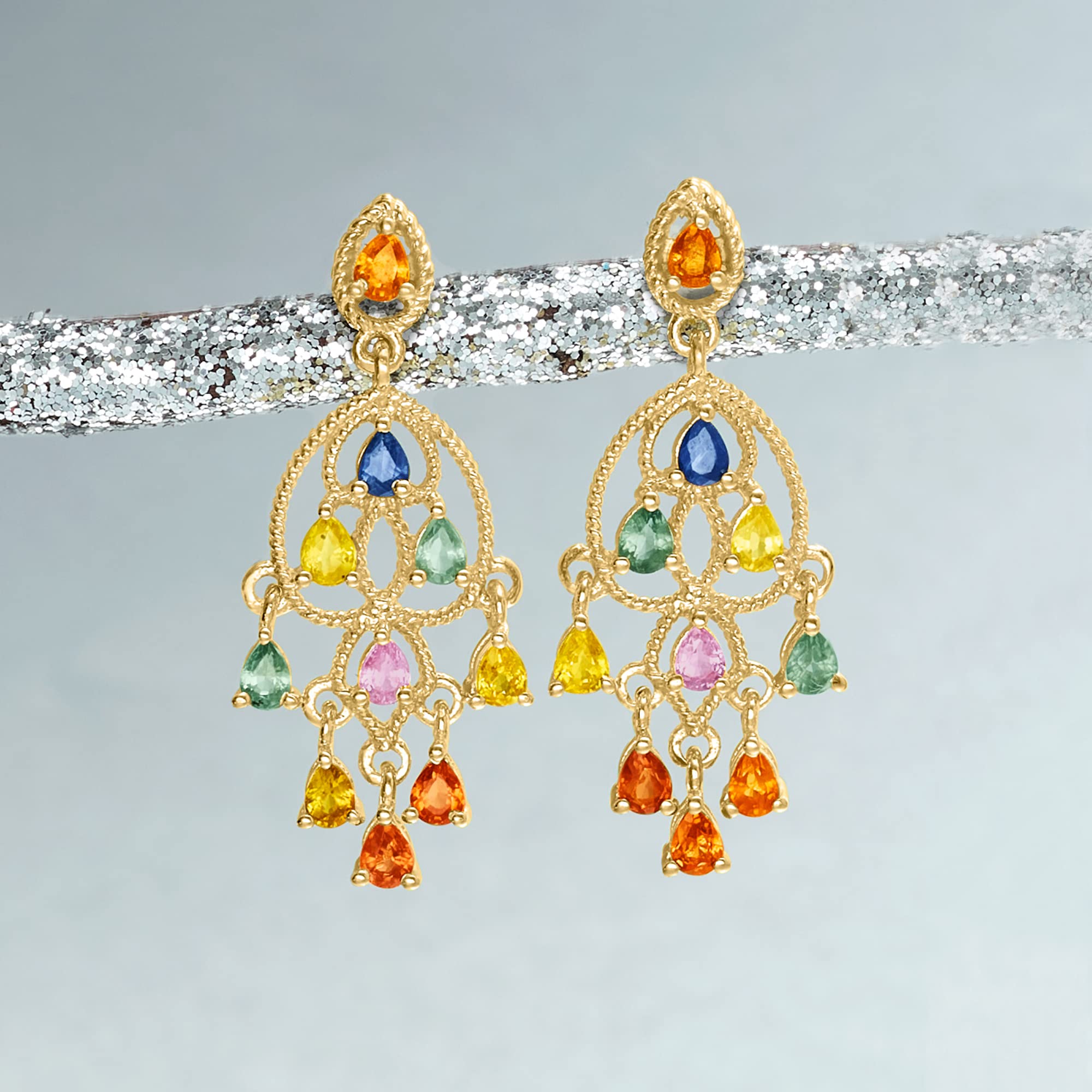 Ross-Simons 4.60 ct. t.w. Multicolored Sapphire Chandelier Drop Earrings in 18kt Gold Over Sterling