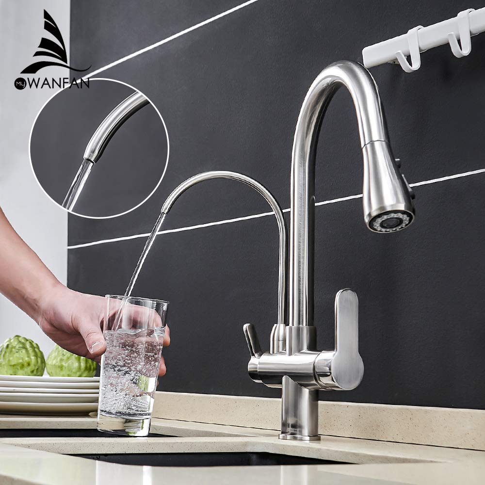 WANFAN Kitchen Sink Faucet with Pull Down Sprayer 2 Handle 3 in 1 Water Filter Purifier Faucets Brushed Nickel 0195SN