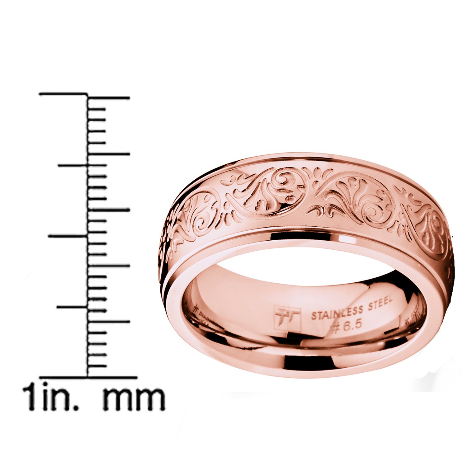 Metal Masters RoseTone Pink Women's Stainless Steel Ring Wedding Band with Engraved Florentine Design 7mm 6