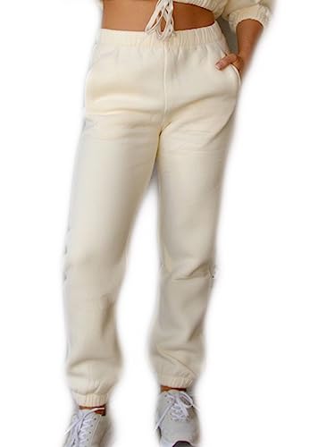 TIC TOC Women’s Soft Fleece Oversized Sweatpants Casual Essential High Waisted Jogger Pants with Pockets, Cream, S