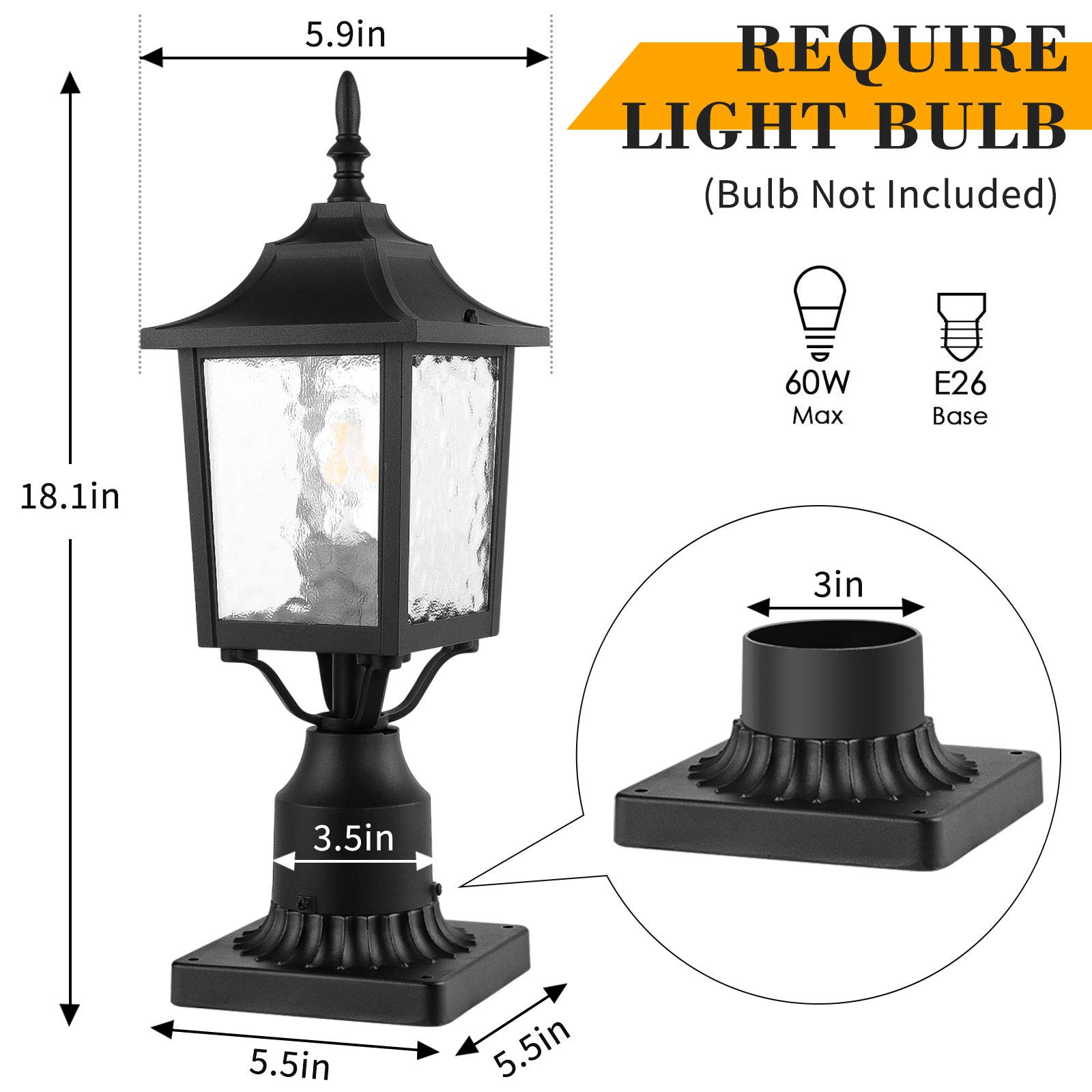 Post light,CINOTON Lamp Post Light Fixture 6-Inch with 3-Inch Pier Mount Base, Waterproof Post Lantern with Water Ripple Glass, Matte Black Finish, Outdoor Post Lights for Patio, Yard, Garden, Pathway