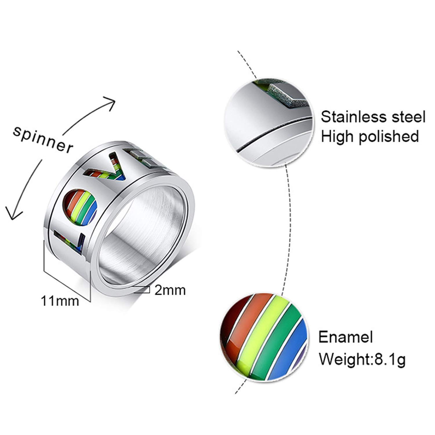 Nanafast Stainless Steel Love Enamel Rainbow LGBT Pride Rings Gay & Lesbian Spinner Ring Wedding Bands Size 8