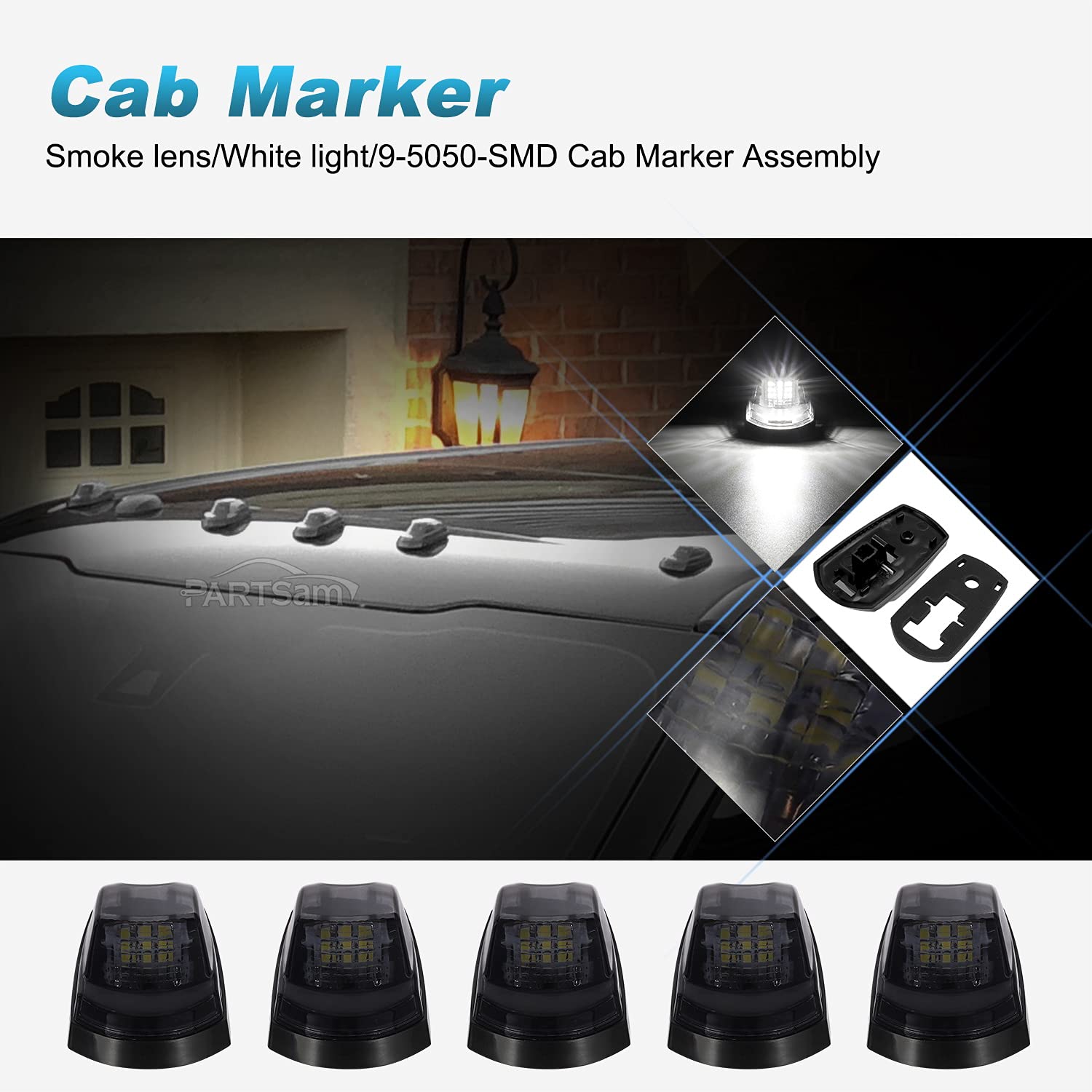 Partsam 5Pcs Smoke Lens Cab Marker Roof Running White LED Top Clearance Lights Assembly 9LED Compatible with Ford F250 F350 F450 F550 Cab Lights 2017 2018 2019 2020 2021 Super Duty 264343BK