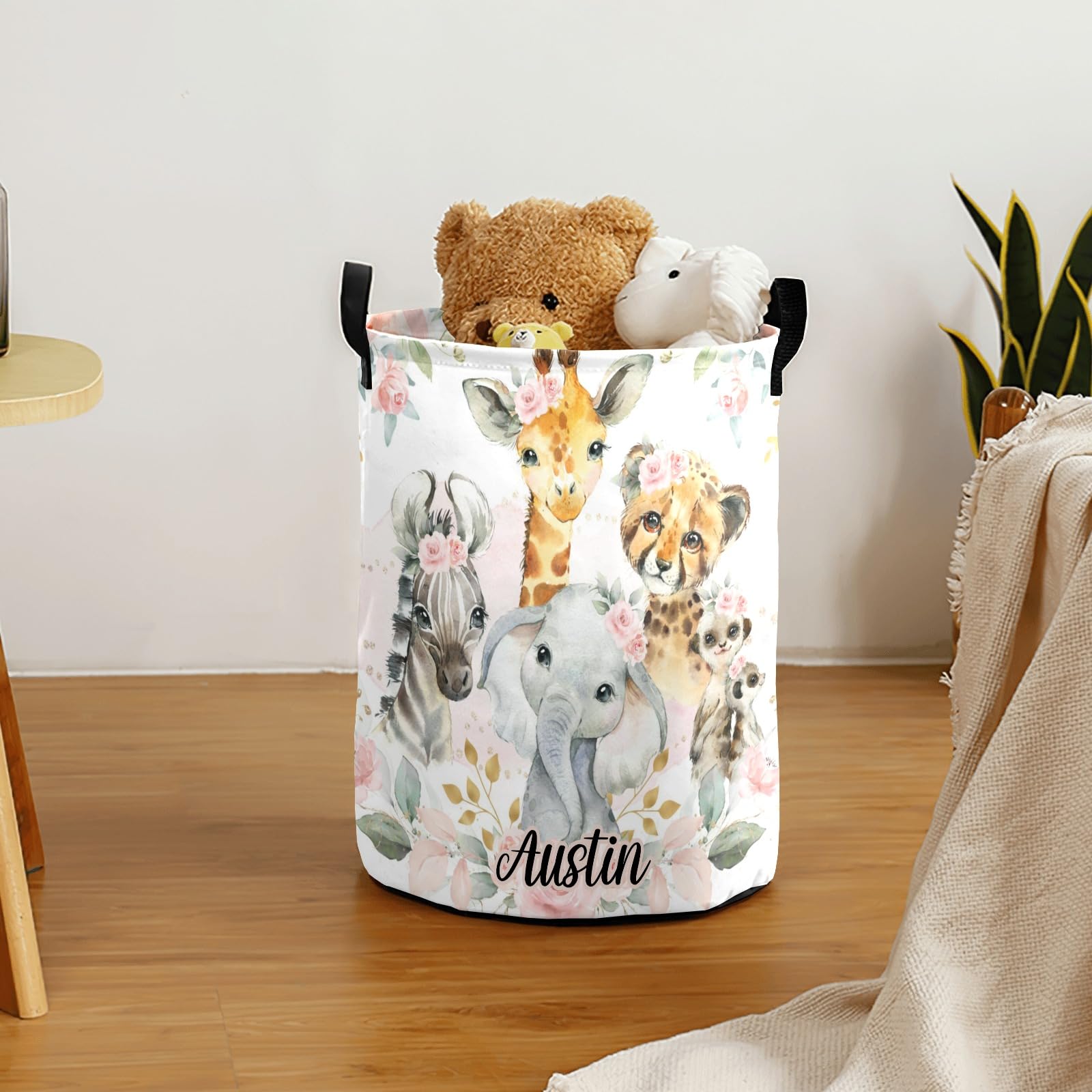 Safari Animals Floral Personalized Laundry Basket Clothes Storage with Handle Waterproof, Custom Foldable Hamper for Boys Girls Bedroom Nursery Toy