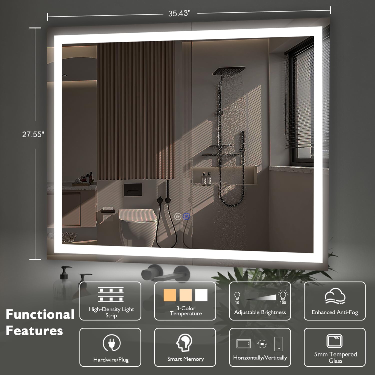 Salfanre 20x28 Led Bathroom Mirror with Lights and Black Aluminum Frame, Led Mirror for Bathroom Wall Mounted, Smart Led Vanity Mirror, Dimmable, Anti-Fog, Shatter-Proof(Horizontal/Vertical)