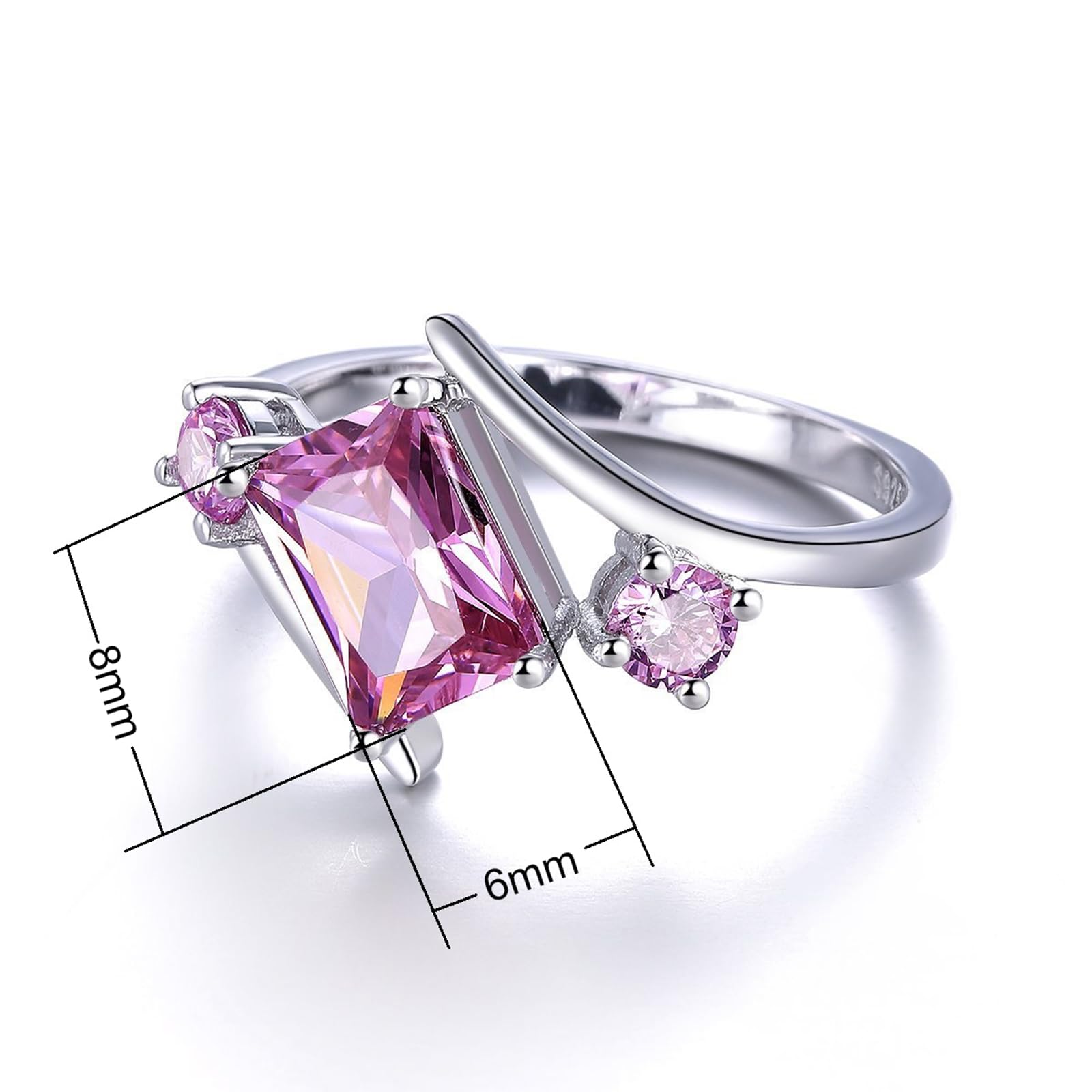 Merthus 5x7mm Radiant Cut Simulated Pink Topaz 925 Sterling Silver Bypass Geometric Ring for Women Size 9