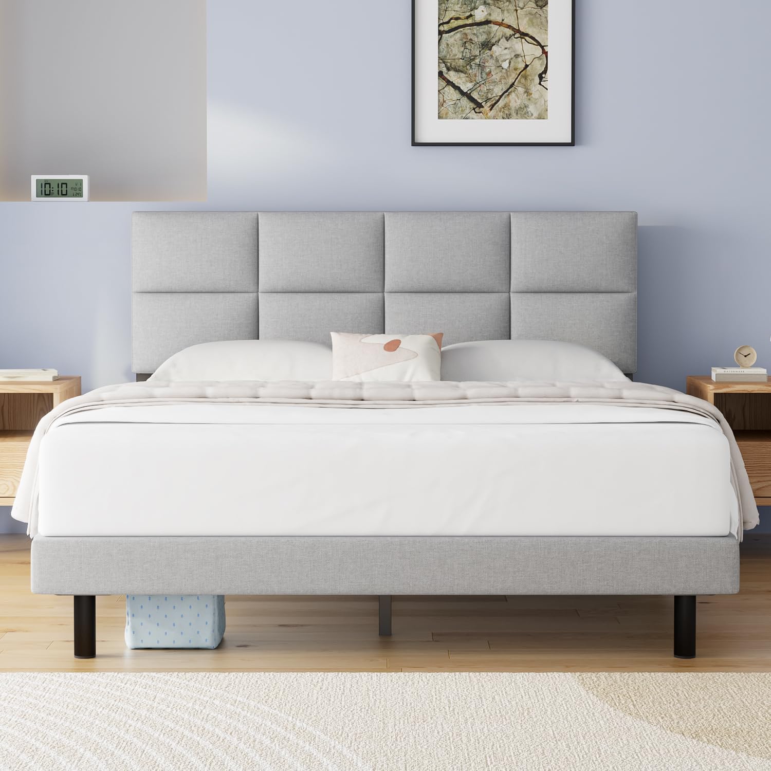 Molblly Queen Size Bed Frame with Upholstered Headboard, Strong Frame, and Wooden Slats Support, Non-Slip and Noise-Free, No Box Spring Needed, Easy Assembly, Light Grey