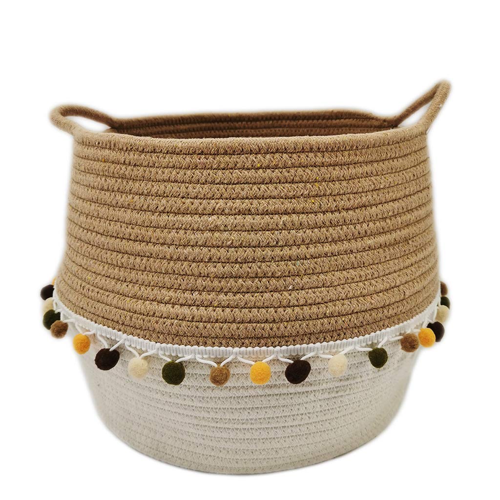 OldPAPA Cotton Rope Storage Basket, Nursery Storage Baskets with Pom Pom Cute Round Basket with Handles Decorative Gift for Nursery Hamper, Baby Toys, Towels