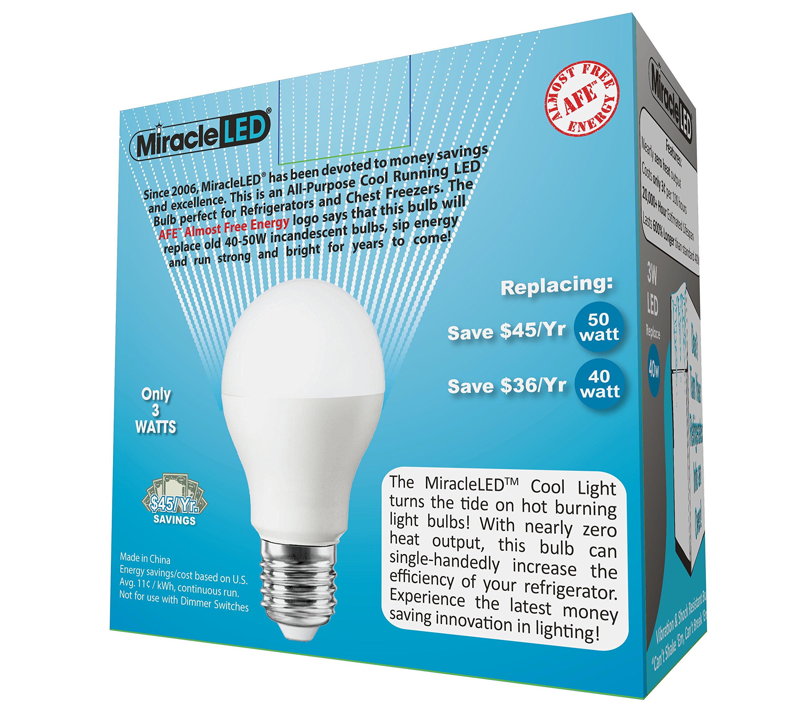 MiracleLED 604724 3-watt Refrigerator and Freezer Light, Long Life Energy Saver Bulb, Cool White, 2-Pack, Replacing Old, Hot 40W Incandescent