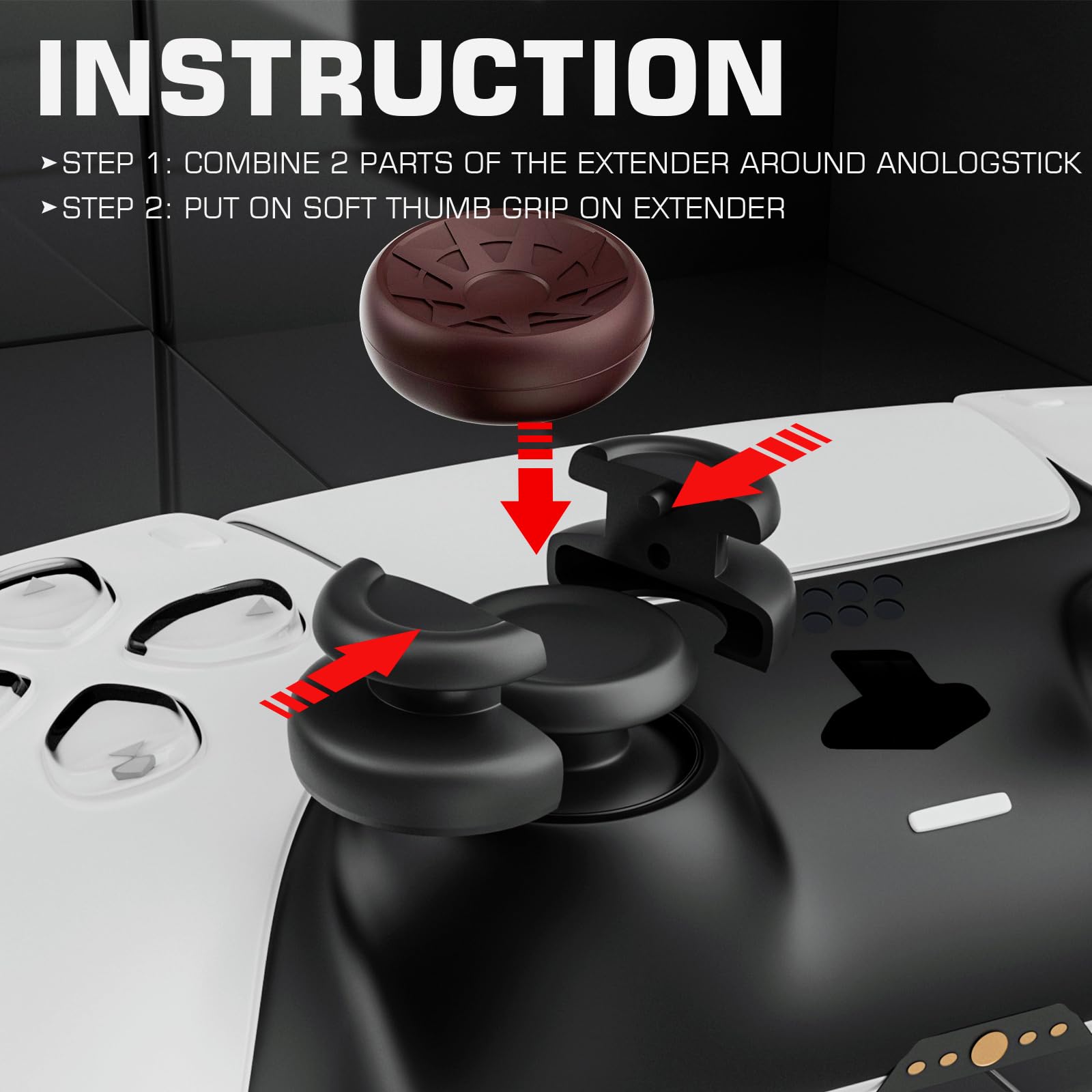 PlayRealm NO FALLING OFF Thumbstick Extender & Silicone Grip Cover 2 Sets for PS5 & PS4 Controller (Red Purple)