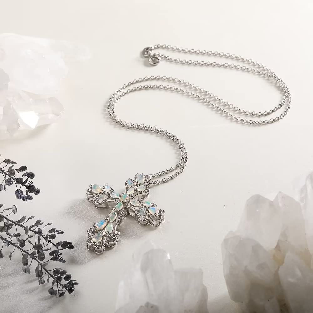 supermodel 925 Sterling Silver Cross 2 Cttw Opal Necklace for Women