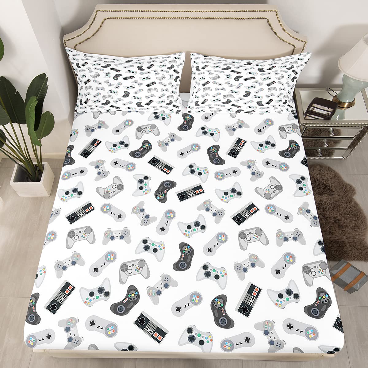 Manfei Teens Gaming Sheet Set Full Size Kids Video Games Bedding Set 4pcs with Deep Pocket Fitted Sheet + Flat Sheet + 2 Pillowcases Boys Gamer Controller Bed Sheet Set for Game Room Decor