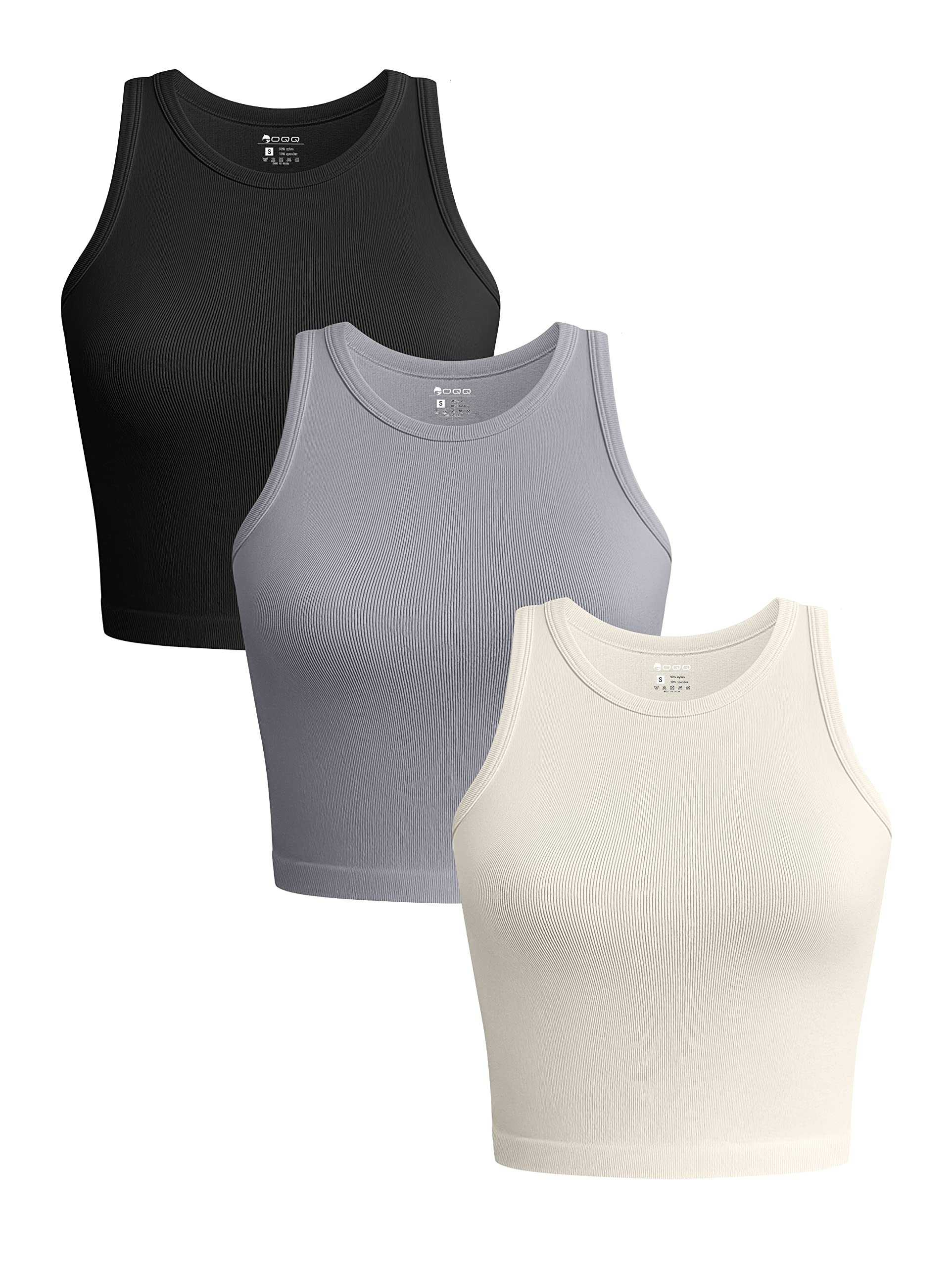 OQQ Women's 3 Piece Tank Tops Ribbed Seamless Yoga Shirts Workout Exercise Racerback Crop Tops Black Grey Beige