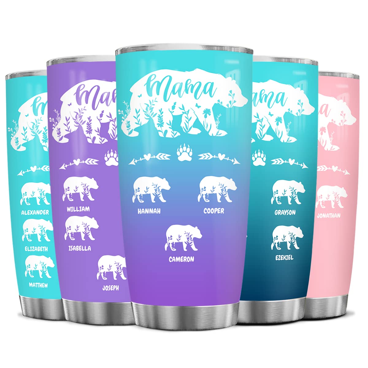Wassmin Personalized Mama Bear Tumbler Stainless Steel 20oz 30oz Insulated Travel Cup with Lid Best Mom Mommy Custom Gifts for Mother's Day Birthday Christmas from Son Daughter