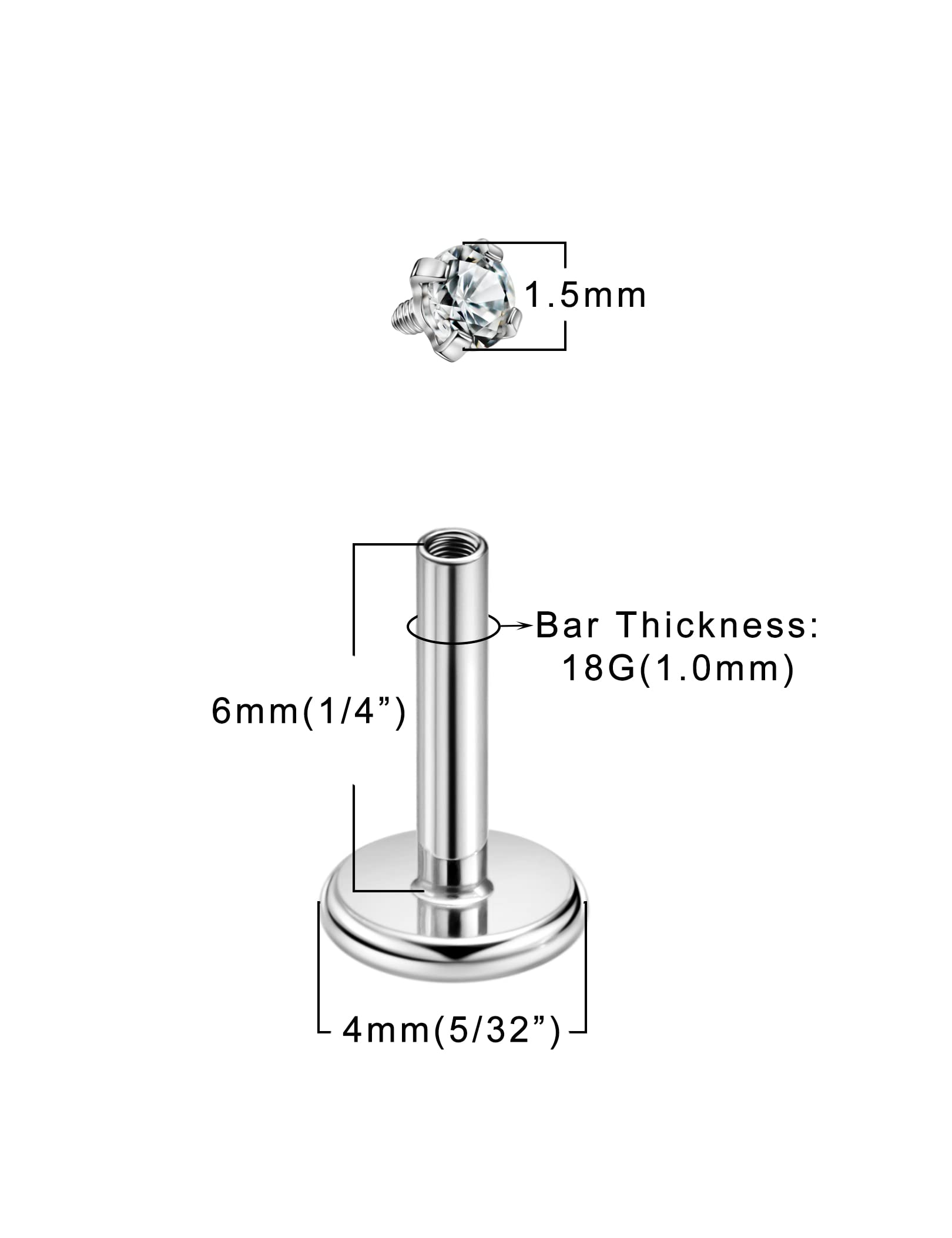 Surgical Steel Earrings Silver Cartilage Earring Stud Conch Piercing Jewelry Helix Earring Tragus Earrings for Women 1.5mm Round Clear Zircon End with 18g 6mm Internally Threaded Labret Post Nose Stud