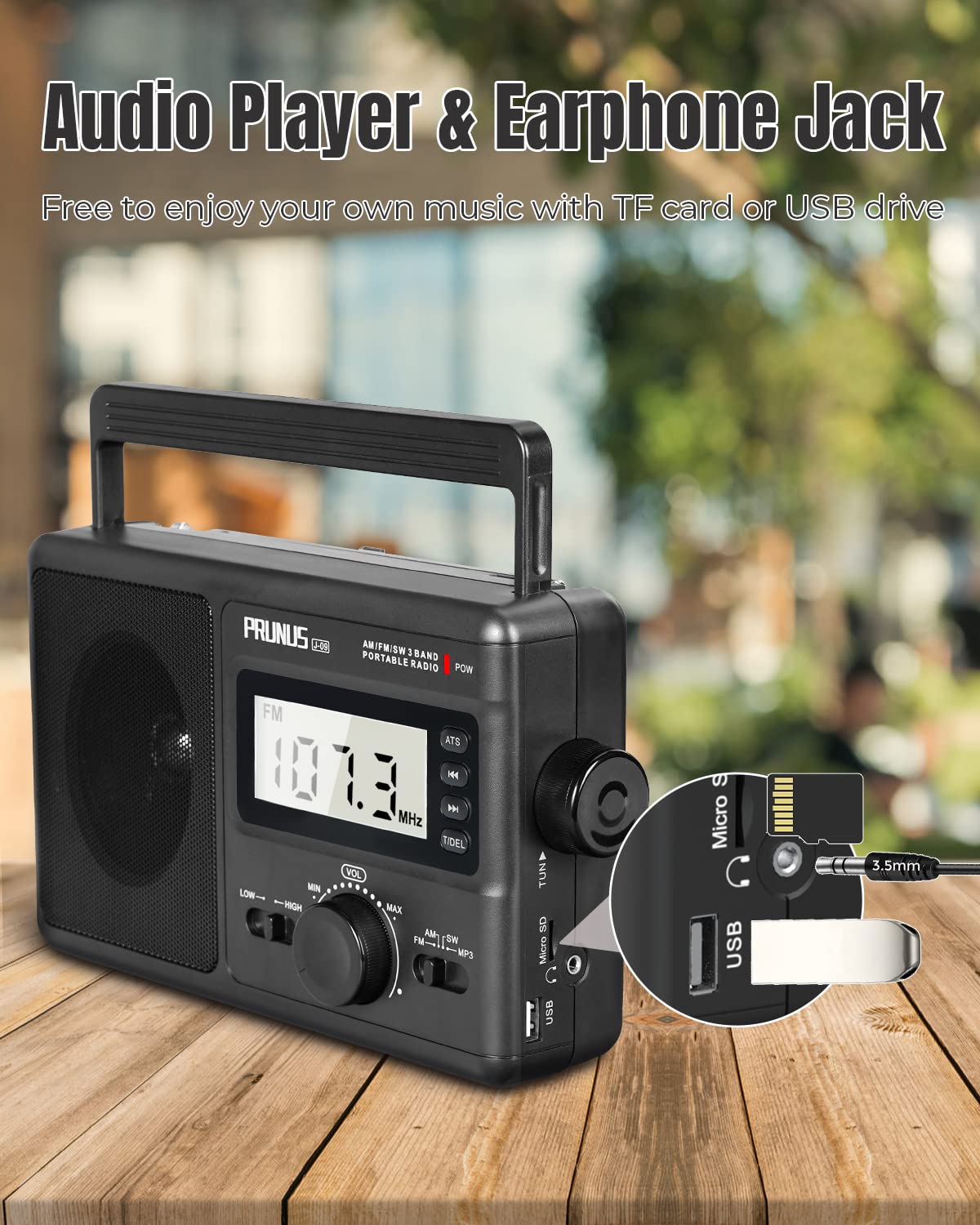 PRUNUS J09 Digital AM FM Portable Radio Shortwave, Bigger Screen for Elderly, AC/ 4 D Cell Batteries Powered,TF Card/USB Player, Time Setting, Earphone Jack, Auto Station Preset for Seniors/Hurricane