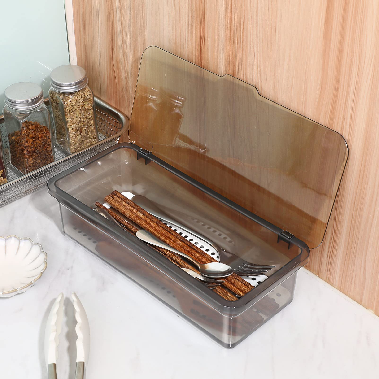 STOBAZA 3 Pcs Utensil Holder with Lid Flatware & Utensil Storage Boxes, Silverware Tableware Chopsticks Spoons Organizer Cutlery Container Tray for Kitchen Countertop