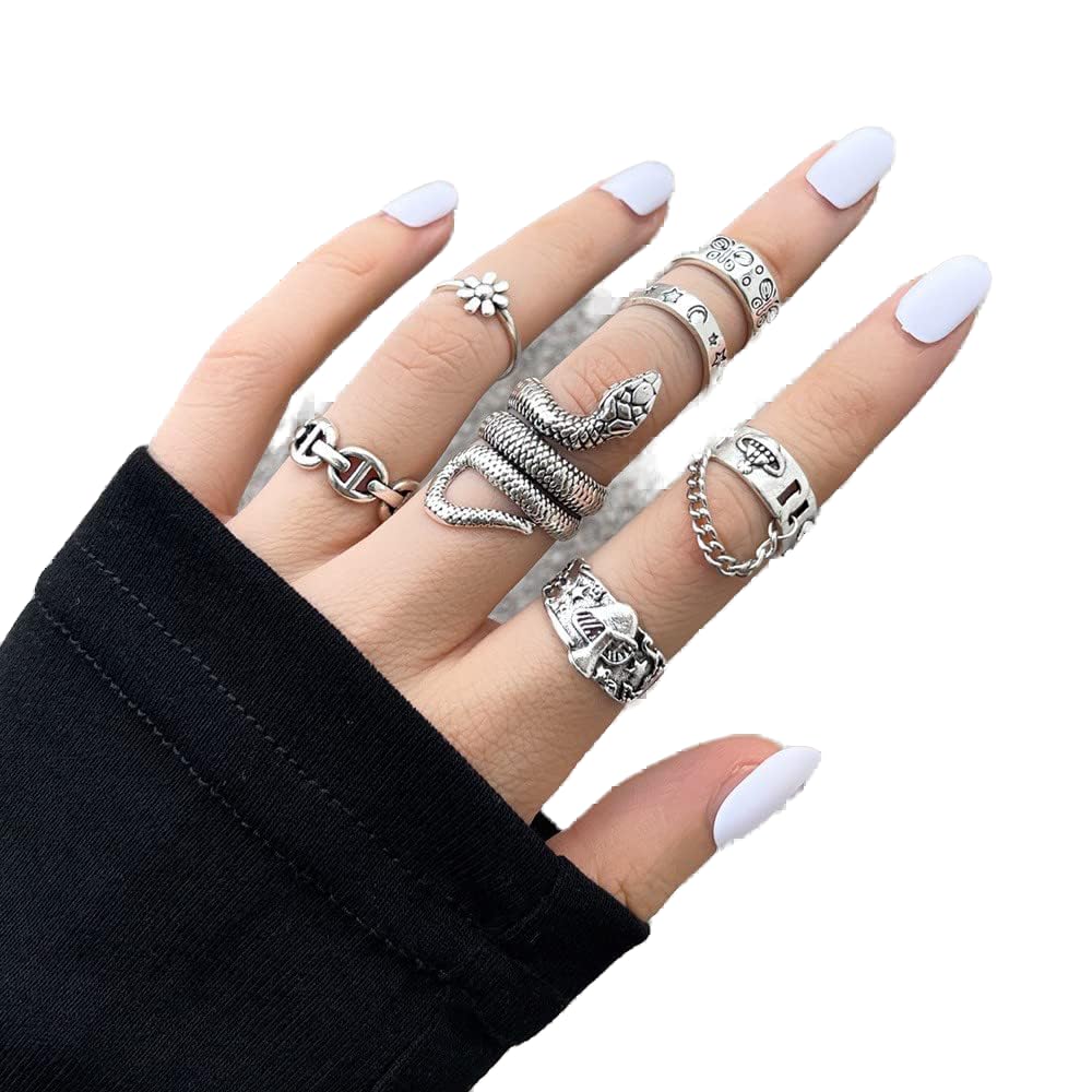 Silver Knuckle Rings Set Chunky Rings Aesthetic Snake Grunge Stackable Gothic Ring Adjustable Y2k Punk Bulky Boho Finger Alt Of Rings, Stacking Heart Star Flower Midi Ring Pack For Women Men, Chunky Rings Aesthetic Snake Grunge Stackable Gothic Ring Adjus